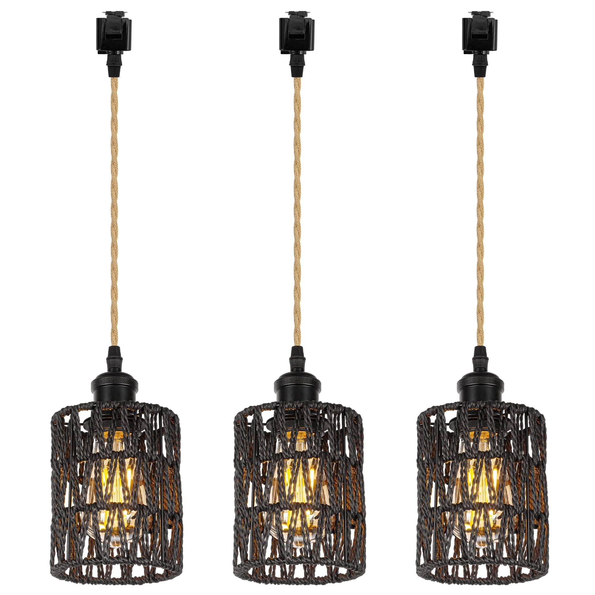 FSLiving J Type Track Lighting Pendants Twine Natural Rattan Shade ...