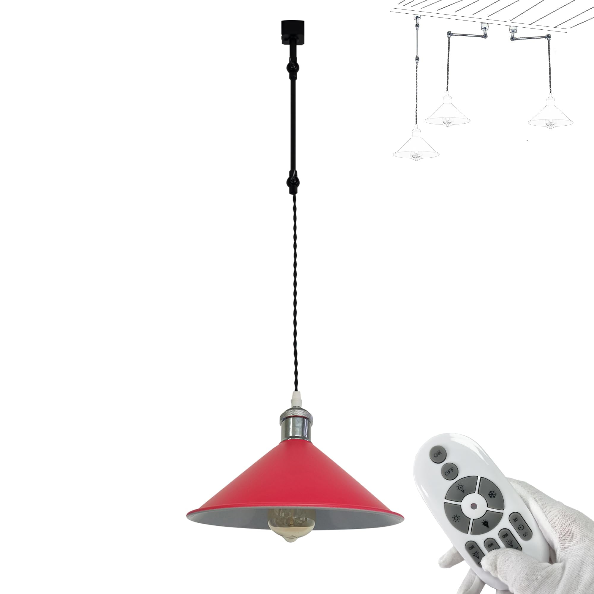 FSLiving J-Type Track Pendant Light with Retro Red Cone Shade, E26 ...