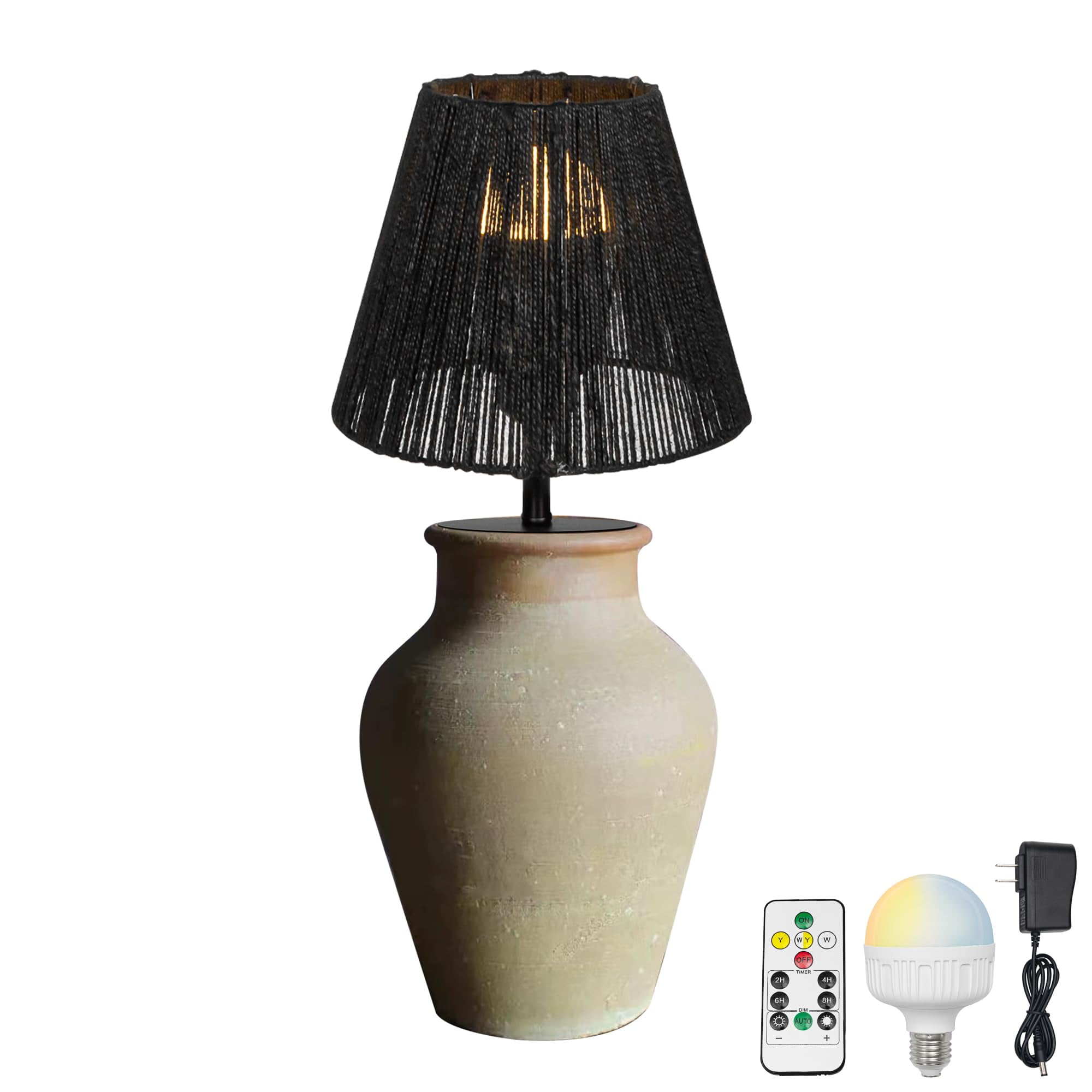 FSLiving Light Brown Hand-Made Clay Pot Table Lamp Rechargeable Battery ...