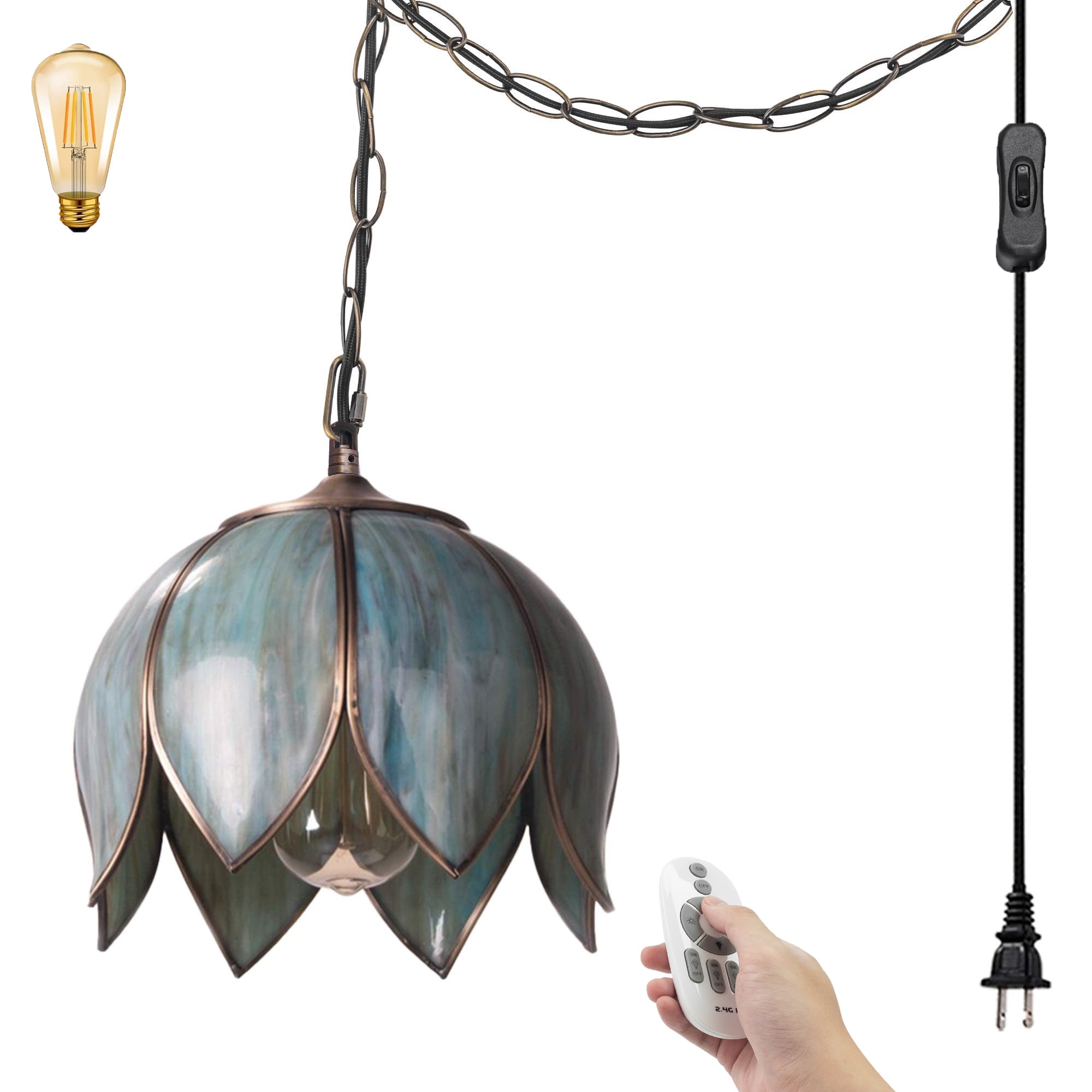 FSLiving Lotus Swag Pendant Light Remote Control Tiffany Style Handle ...
