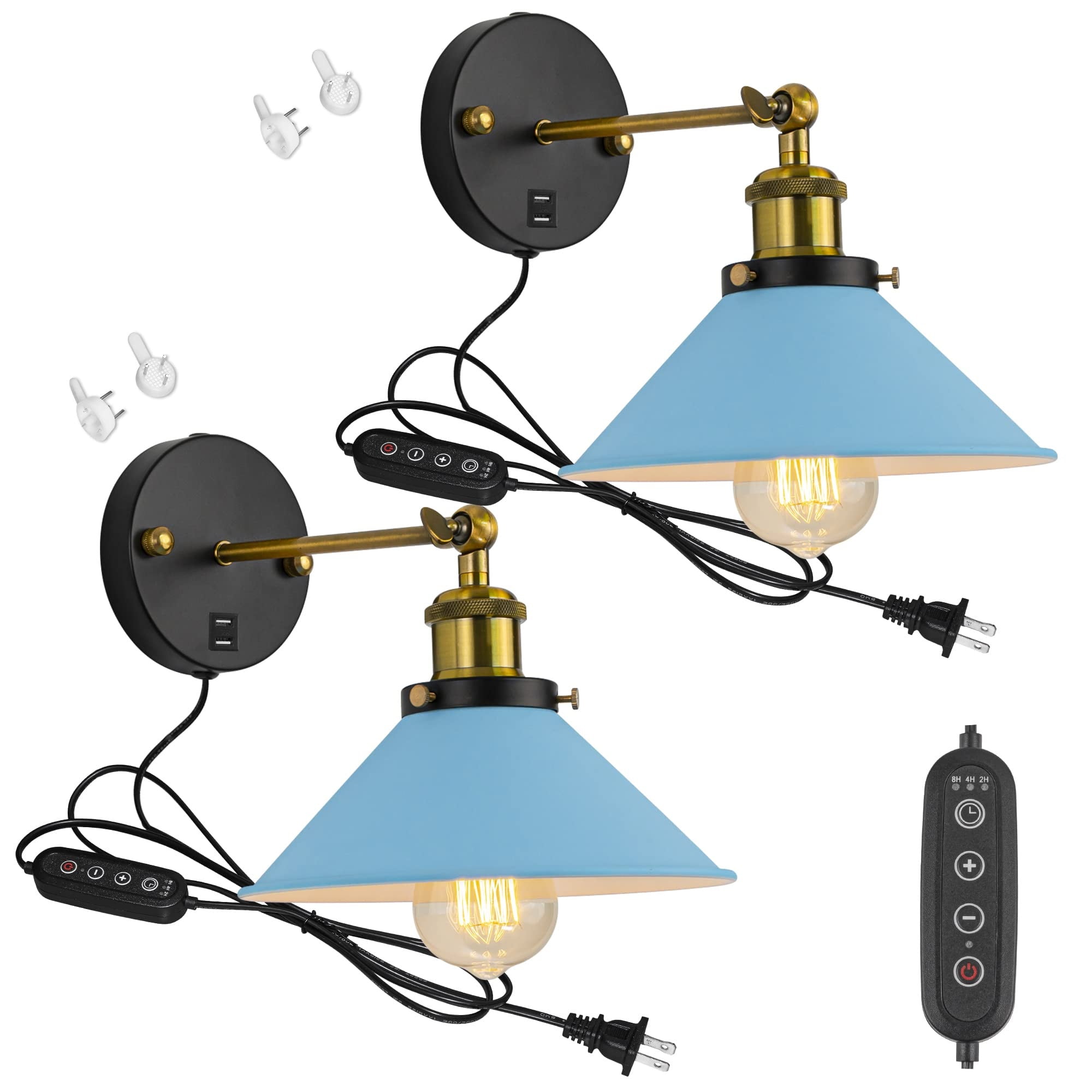 FSLiving Macaron Blue Metal Wall Sconce with USB Outlet Dimmable and ...
