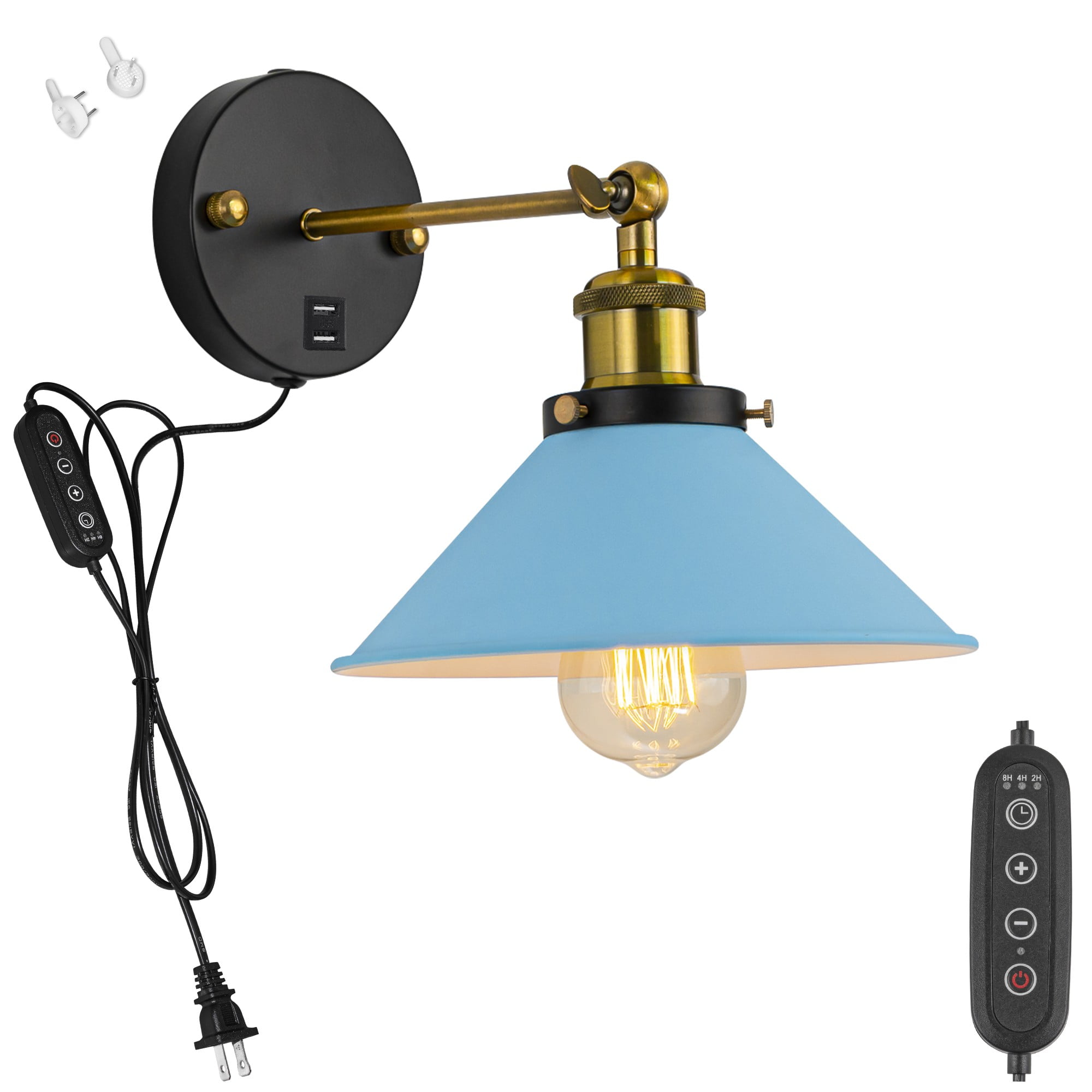 FSLiving Macaron Blue Metal Wall Sconce with USB Outlet Dimmable and ...