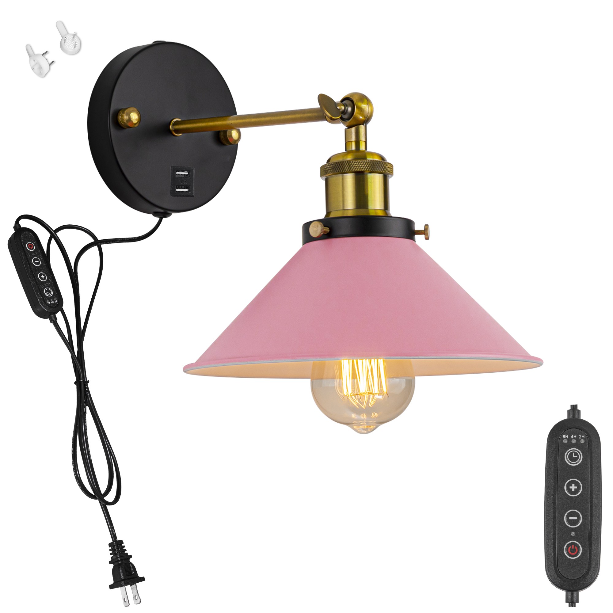 FSLiving Macaron Pink Metal Wall Sconce with USB Outlet Dimmable and ...