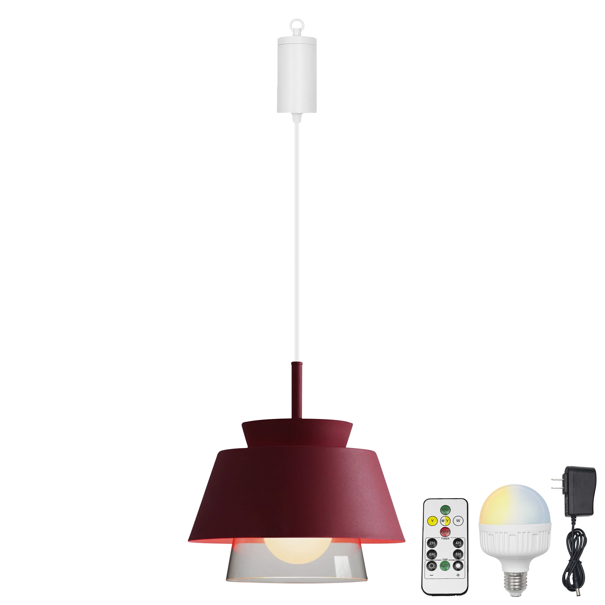FSLiving Macaron Red Glass and Metal Pendant Light with Rechargeable ...