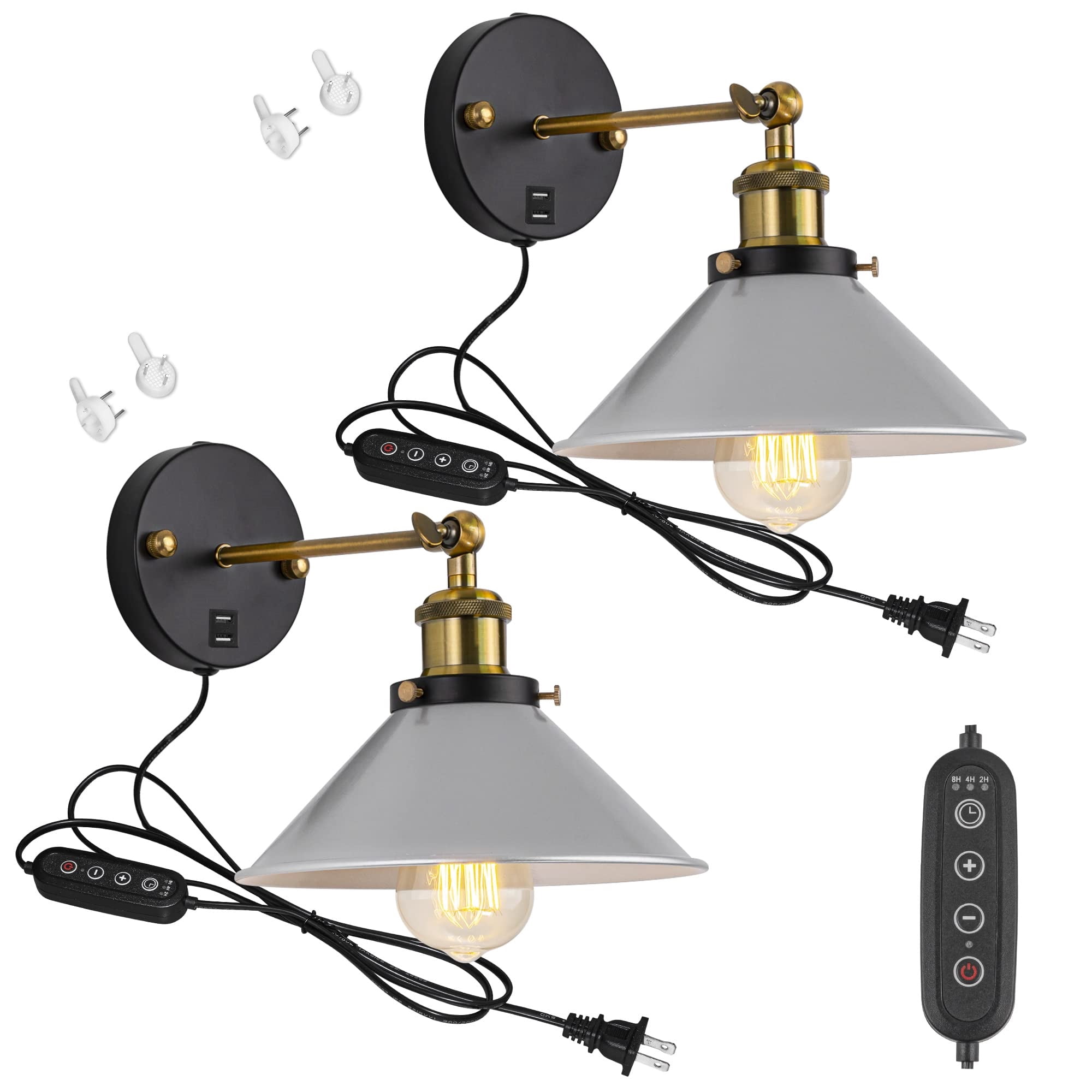 FSLiving Macaron Silver Metal Wall Sconce with USB Outlet Dimmable and ...