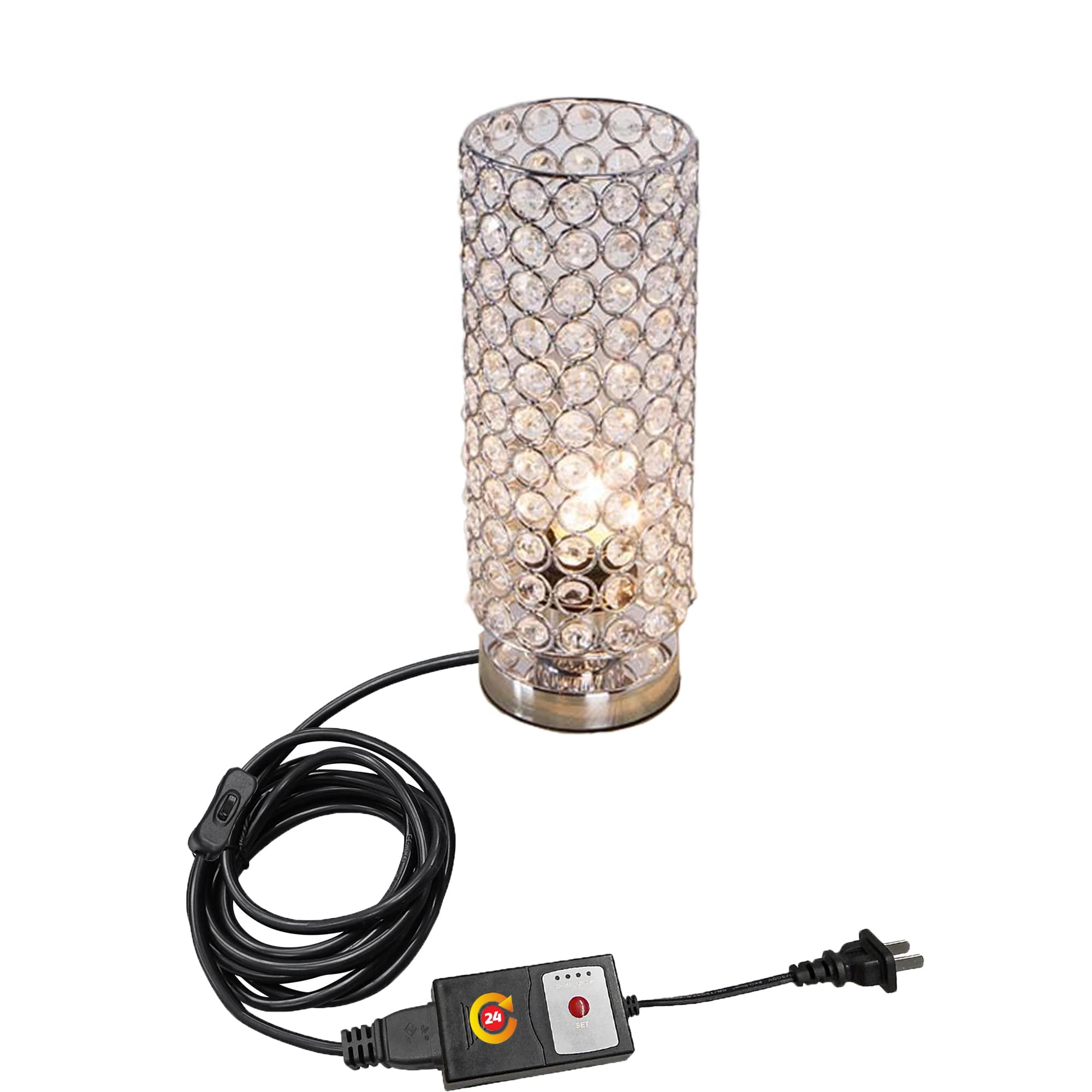 FSLiving Modern Crystal Diamond Bedside Lamp with Timer Plug in Desk ...