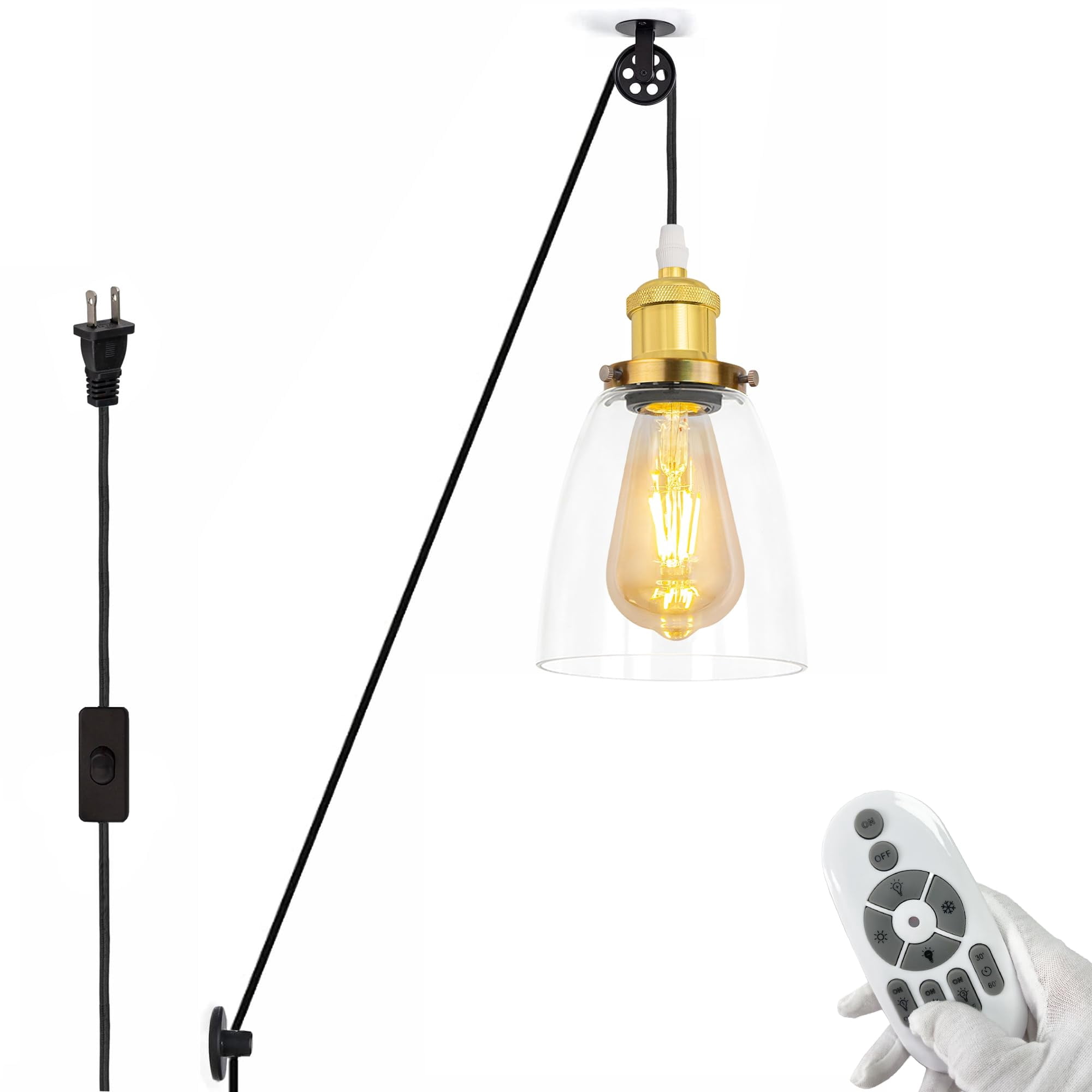 FSLiving No Wiring Needed Pendant Lighting Swag with Industrial Pulley ...