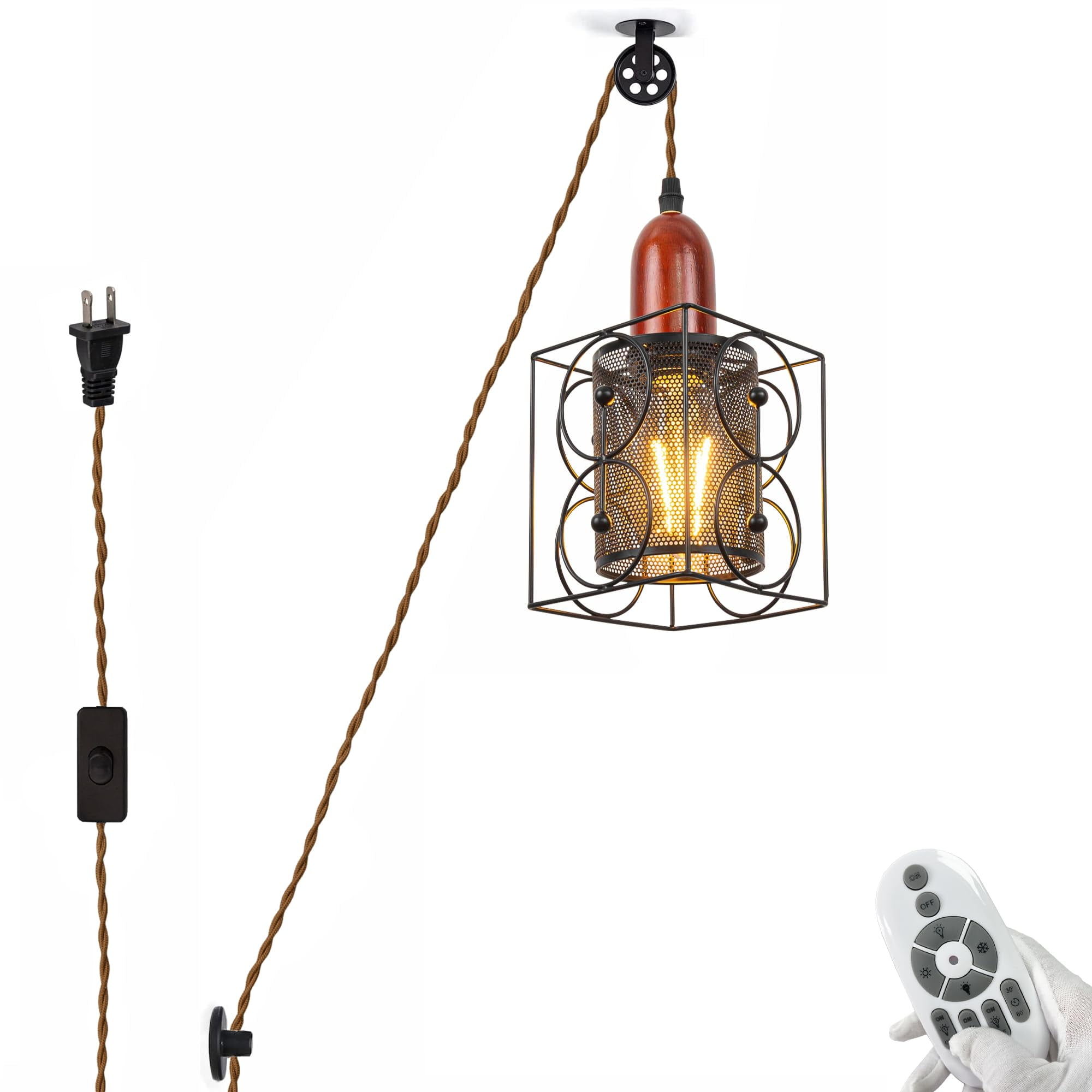 FSLiving No Wiring Needed Plug-in Hanging Light,Industrial Pulley ...