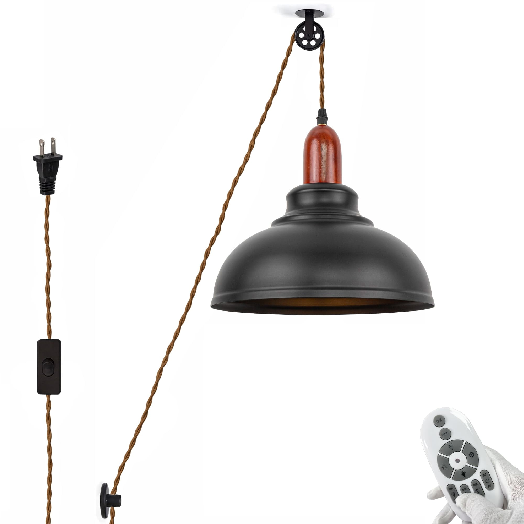 FSLiving Pendant Light with Industrial Pulley Design,15ft Plug-in Cord ...