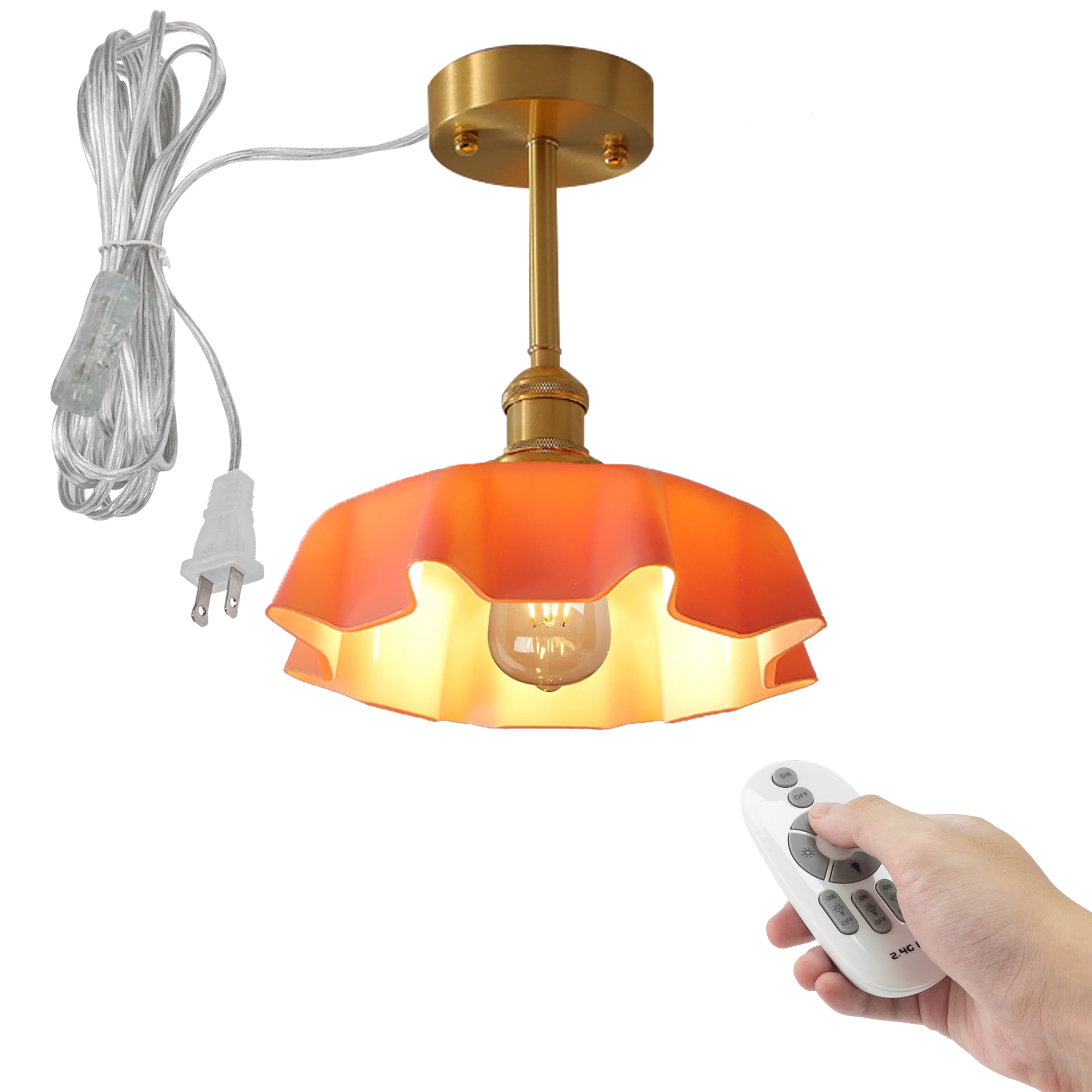 FSLiving Pink Glass Hanging Light with 15ft Plug-in Cord Copper ...