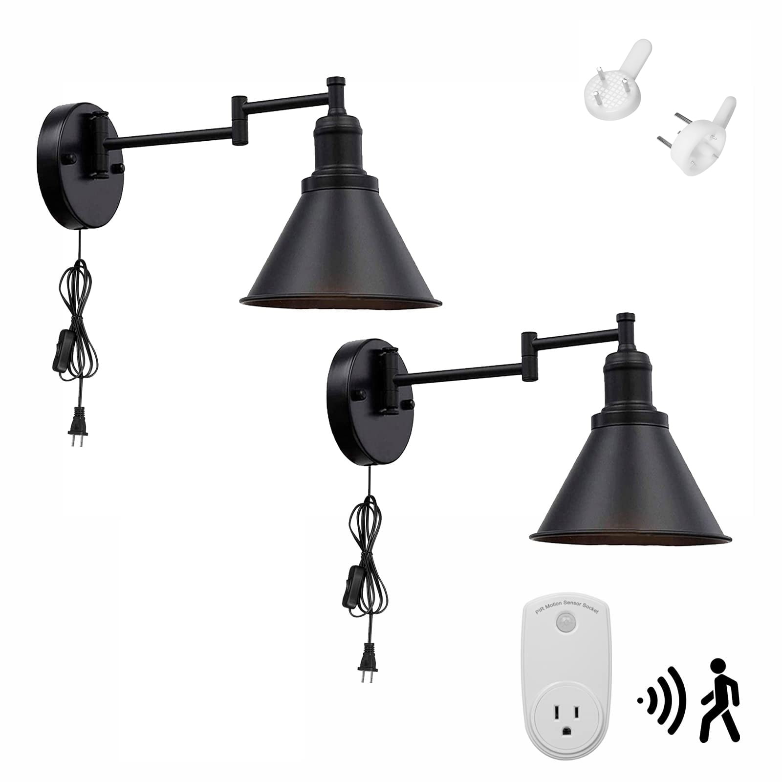 FSLiving Plug in PIR Motion Sensor Wall Sconces UL 5.9 Ft Button Cord ...