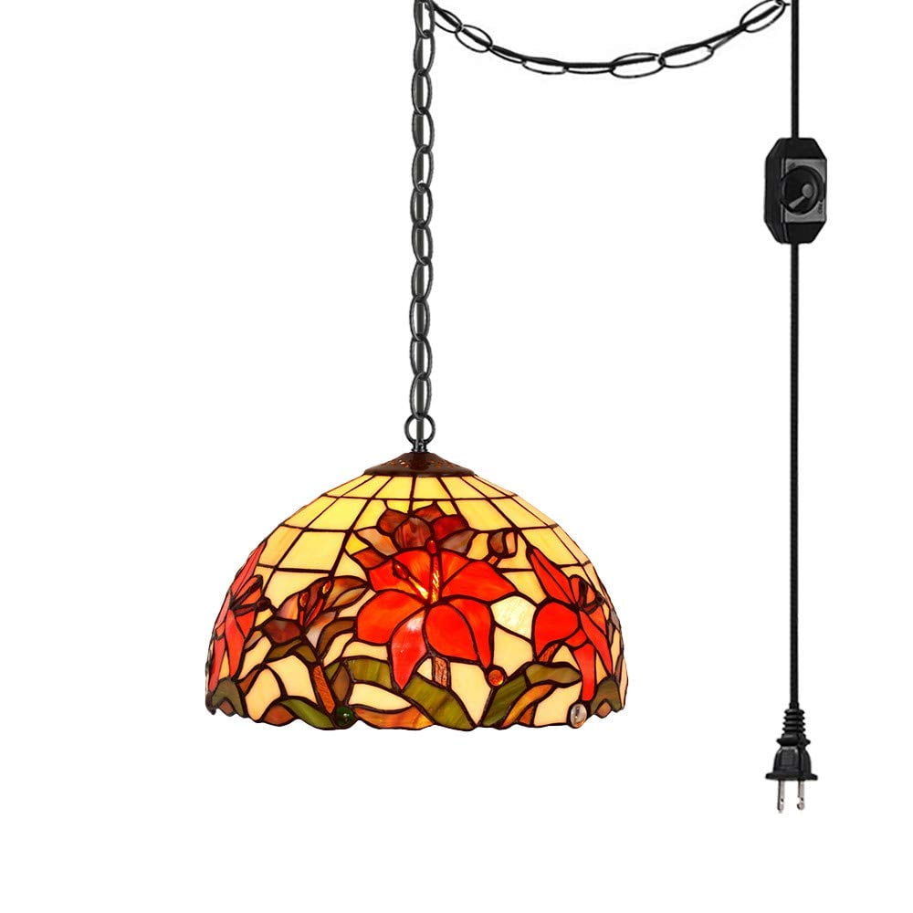 FSLiving Plug-in Pendant Hanging Light with 15FT Power Cord Tiffany ...