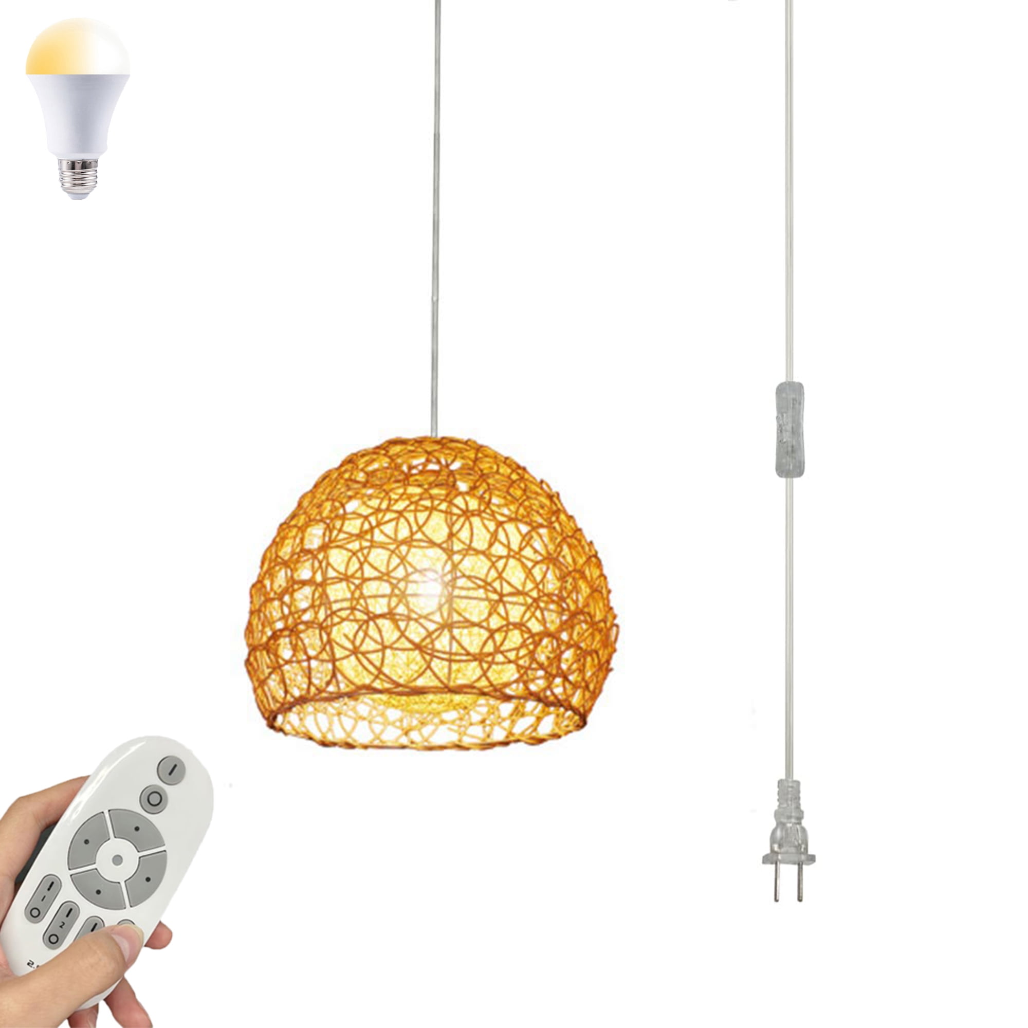FSLiving Remote Control Dimmable Hanging Swag Pendant Light with Rattan ...