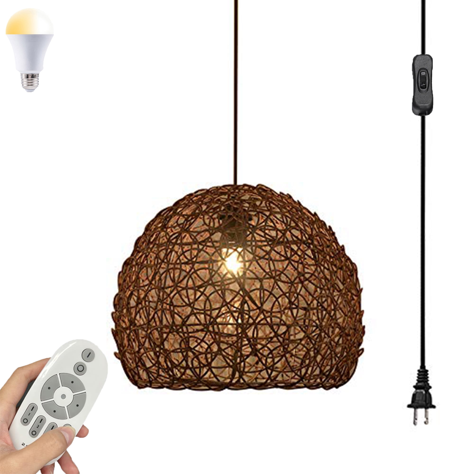 FSLiving Remote Control Dimmable Hanging Swag Pendant Light with Rattan ...