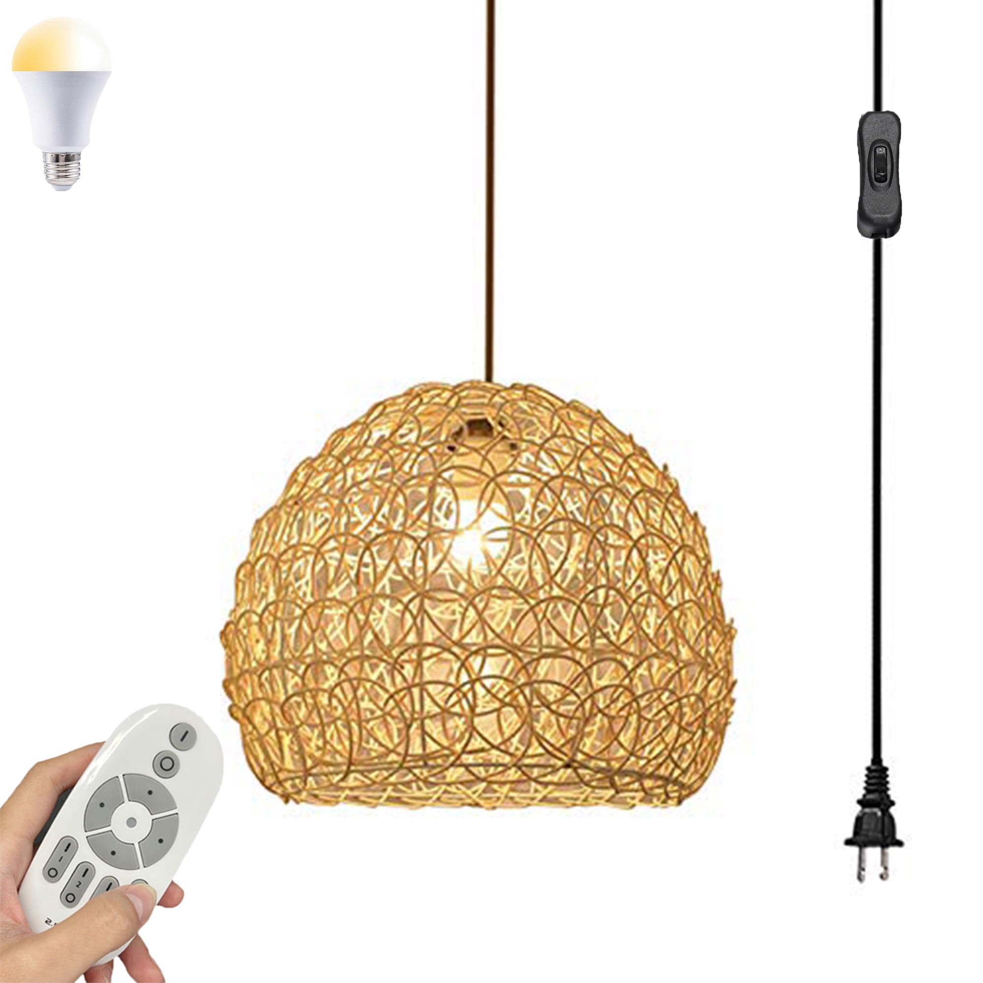 FSLiving Remote Control Dimmable Hanging Swag Pendant Light with Rattan ...