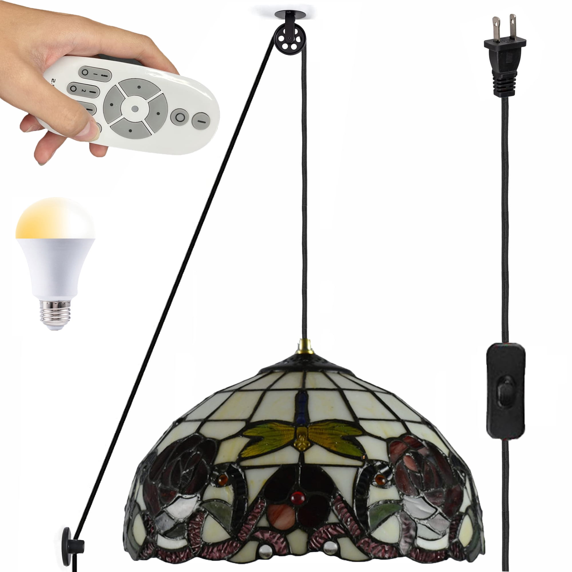 FSLiving Remote Control Dimmable Hanging Swag Pendant Light with ...