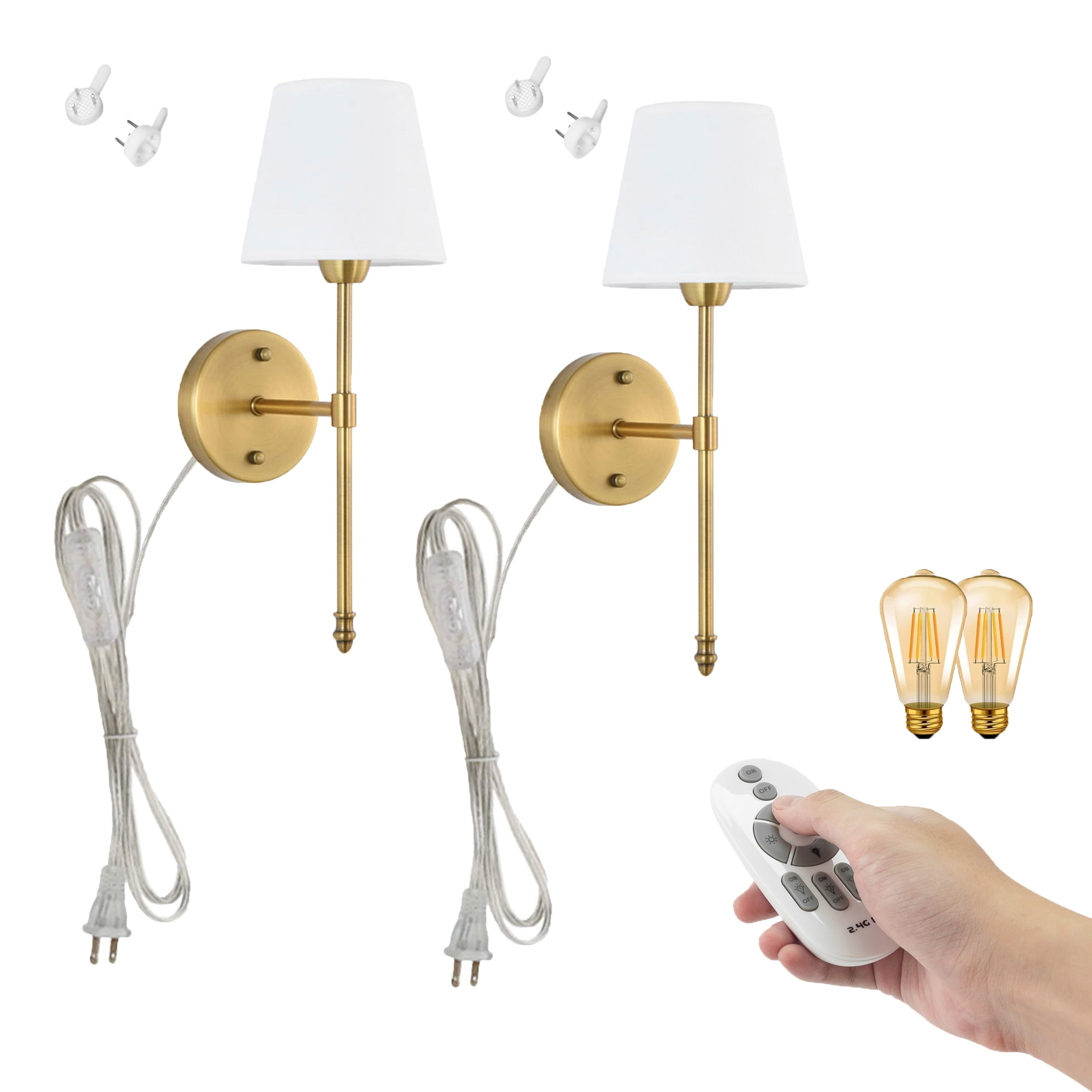 FSLiving Remote Control Dimmable Wall Sconces with 5.9Ft Plug in Power ...