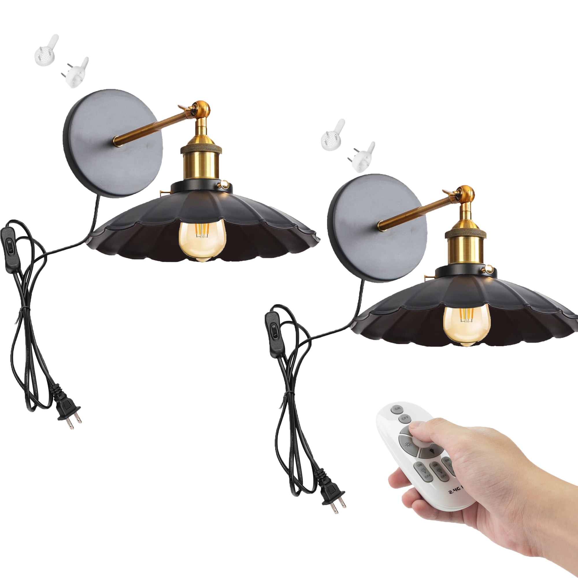 FSLiving Remote Control Dimmable Wall Sconces with 5.9Ft Plug in Power ...