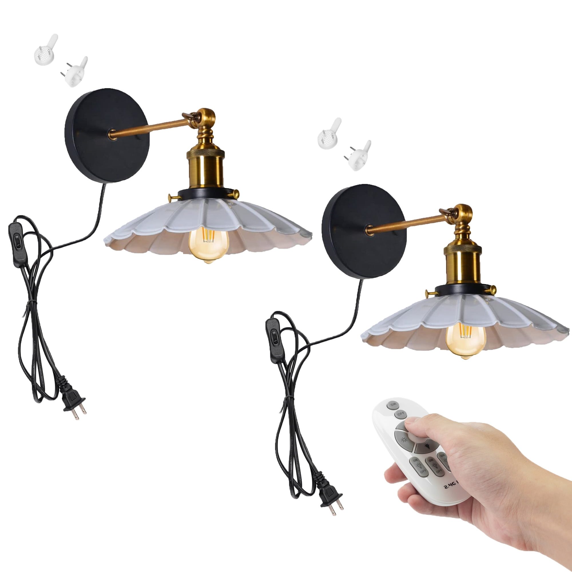 FSLiving Remote Control Dimmable Wall Sconces with 5.9Ft Plug in Power ...