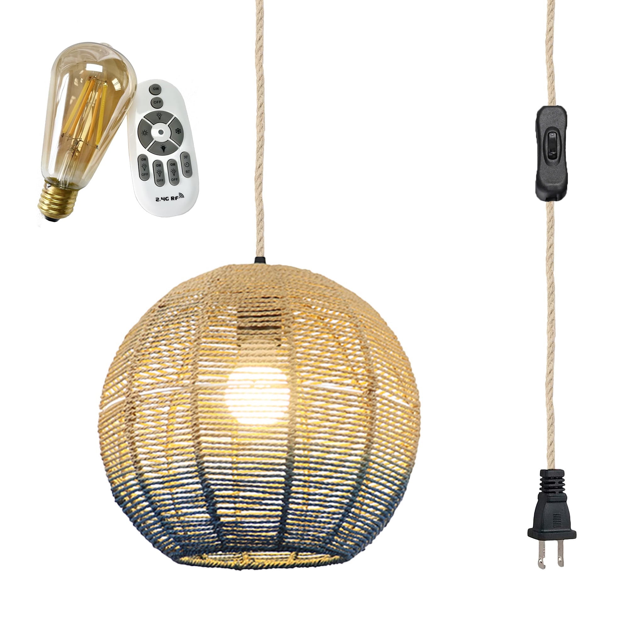 FSLiving Remote Control Hanging Pendant Light with 15ft Plug-in UL Hemp ...