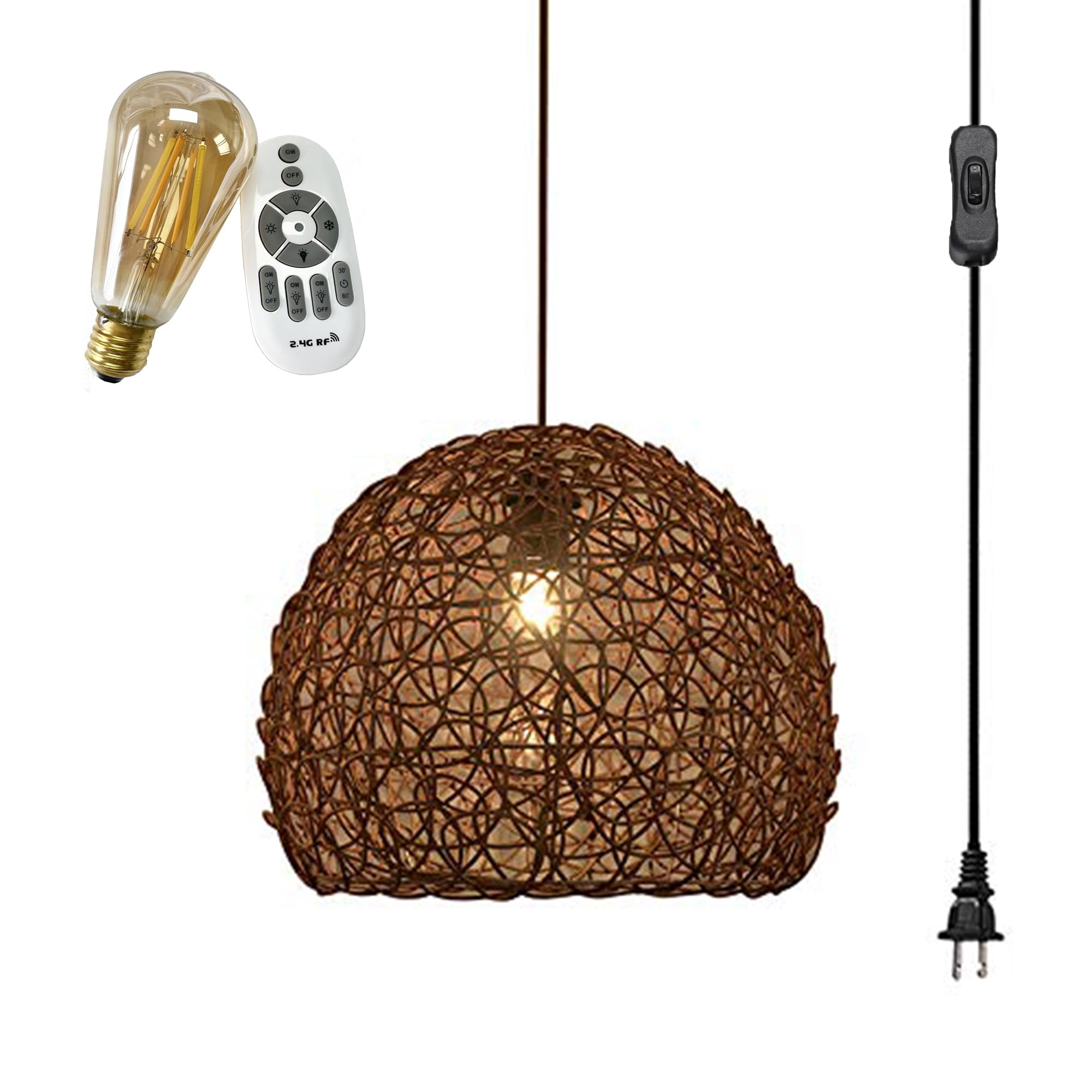 FSLiving Remote Control Hanging Swag Ceiling Lamp with Natural Rattan ...
