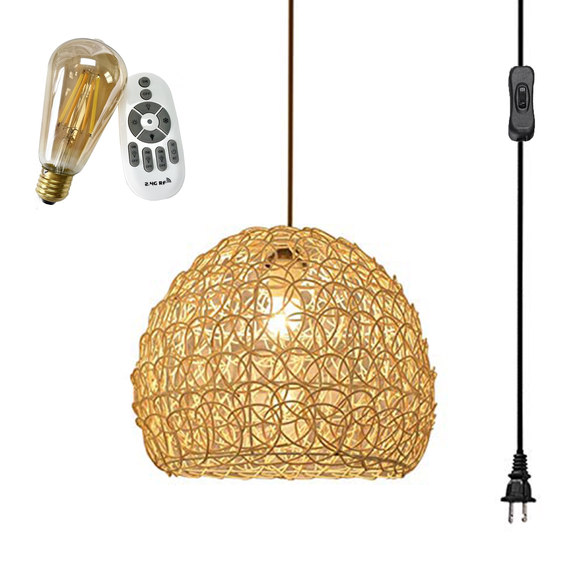 FSLiving Remote Control Hanging Swag Ceiling Lamp with Natural Rattan ...