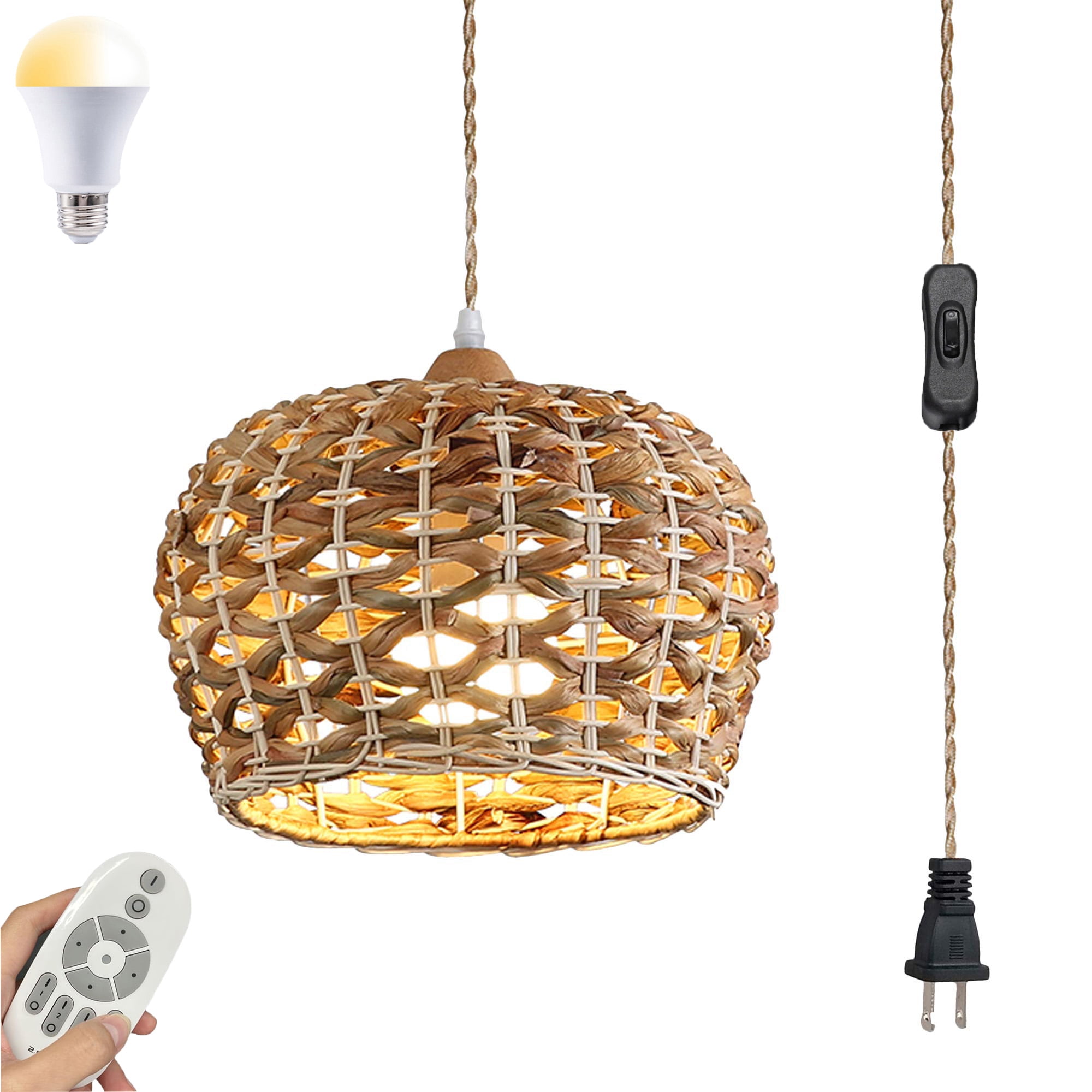 FSLiving Remote Control Hanging Swag Ceiling Lamp with Twine Natural ...