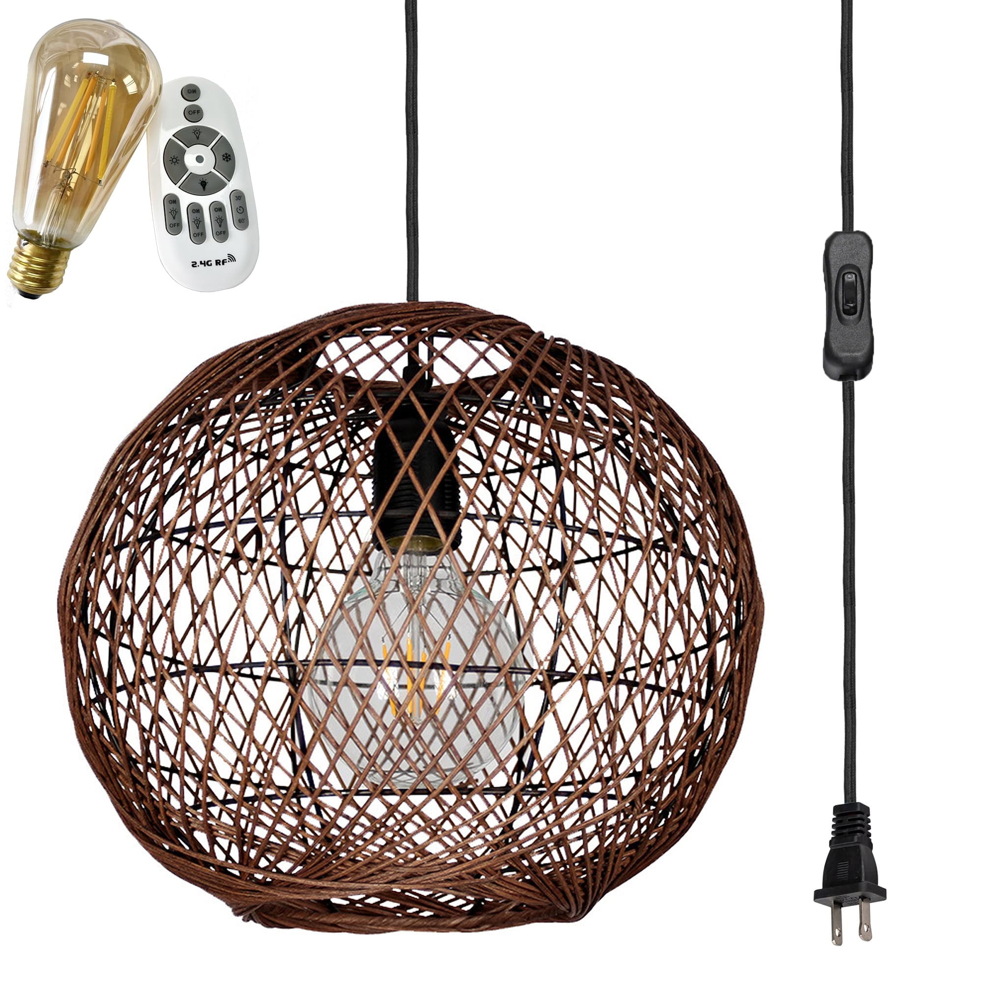 FSLiving Remote Control Hanging Swag Ceiling Lamp with Twine Natural ...
