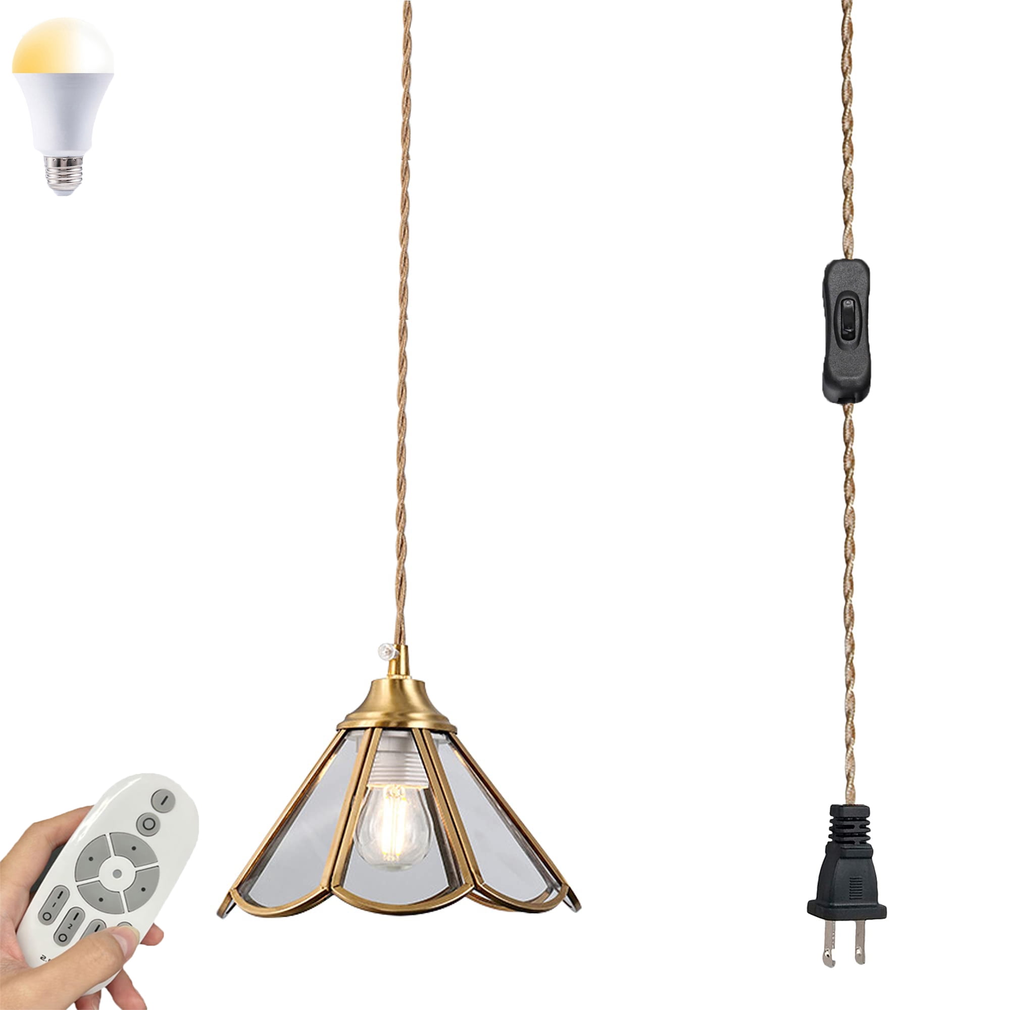 FSLiving Remote Control Ceiling Plug-in Pendant Light, Dimmable Tiffany ...