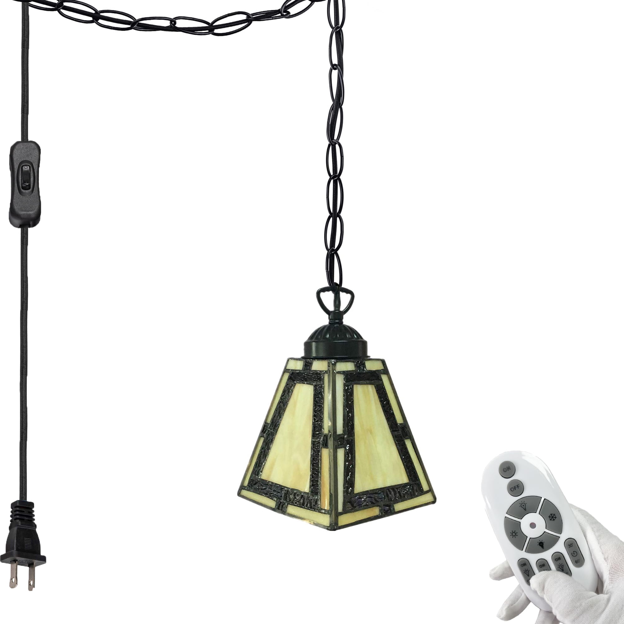 FSLiving Remote Control Hanging Swag Lamp Portable Tiffany Yellow ...