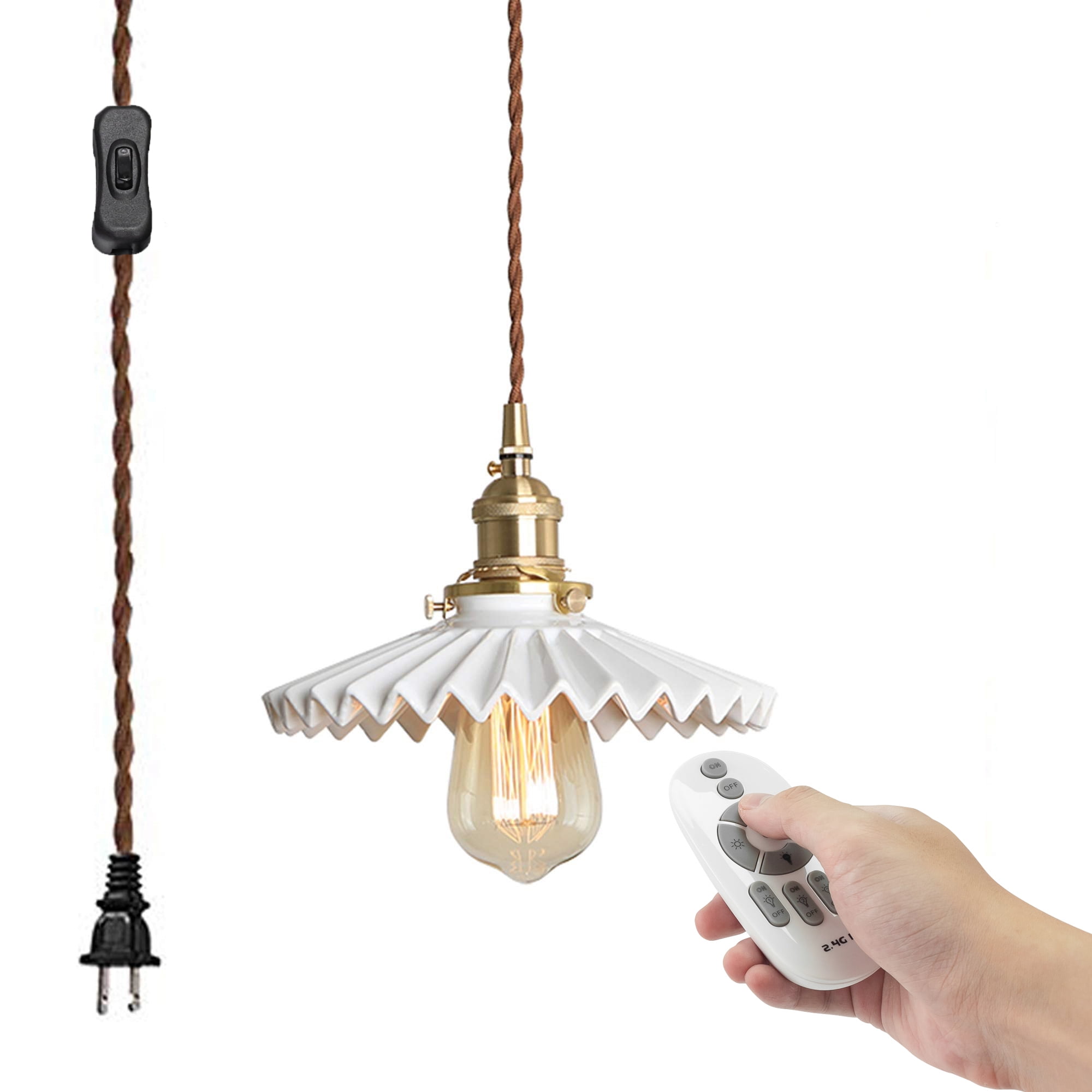 FSLiving Remote Control Plug-in Swag Pendant Light with 15ft Brown ...