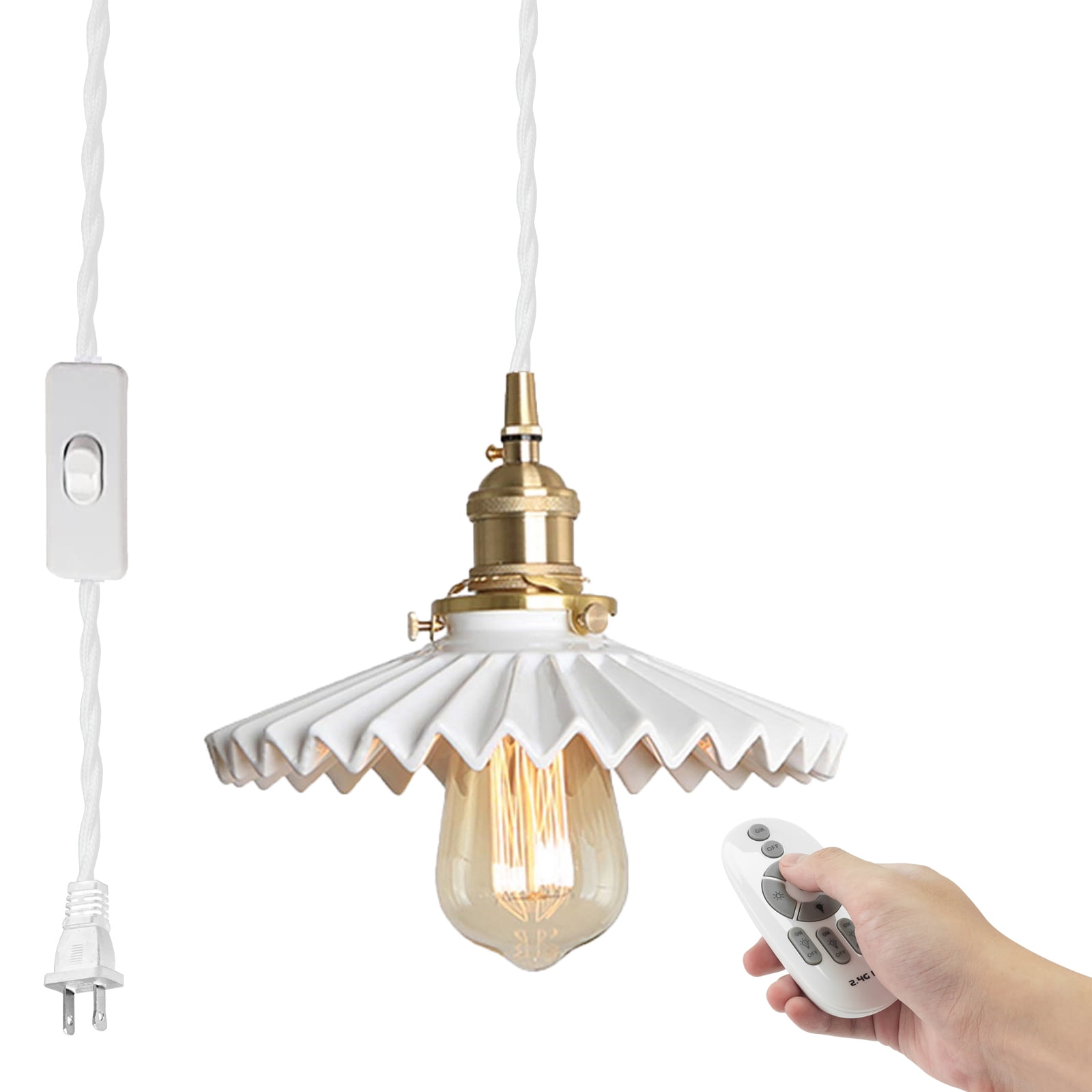FSLiving Remote Control Plug-in Swag Pendant Light with 15ft White ...