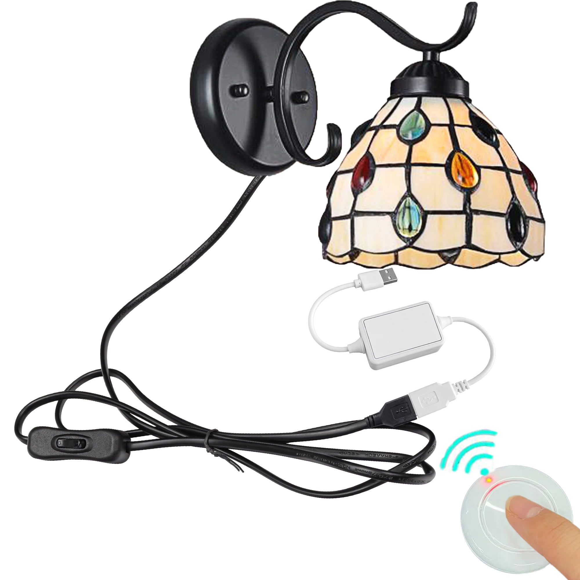 FSLiving Remote Control Tiffany Wall Sconce with USB Plug Receiving ...