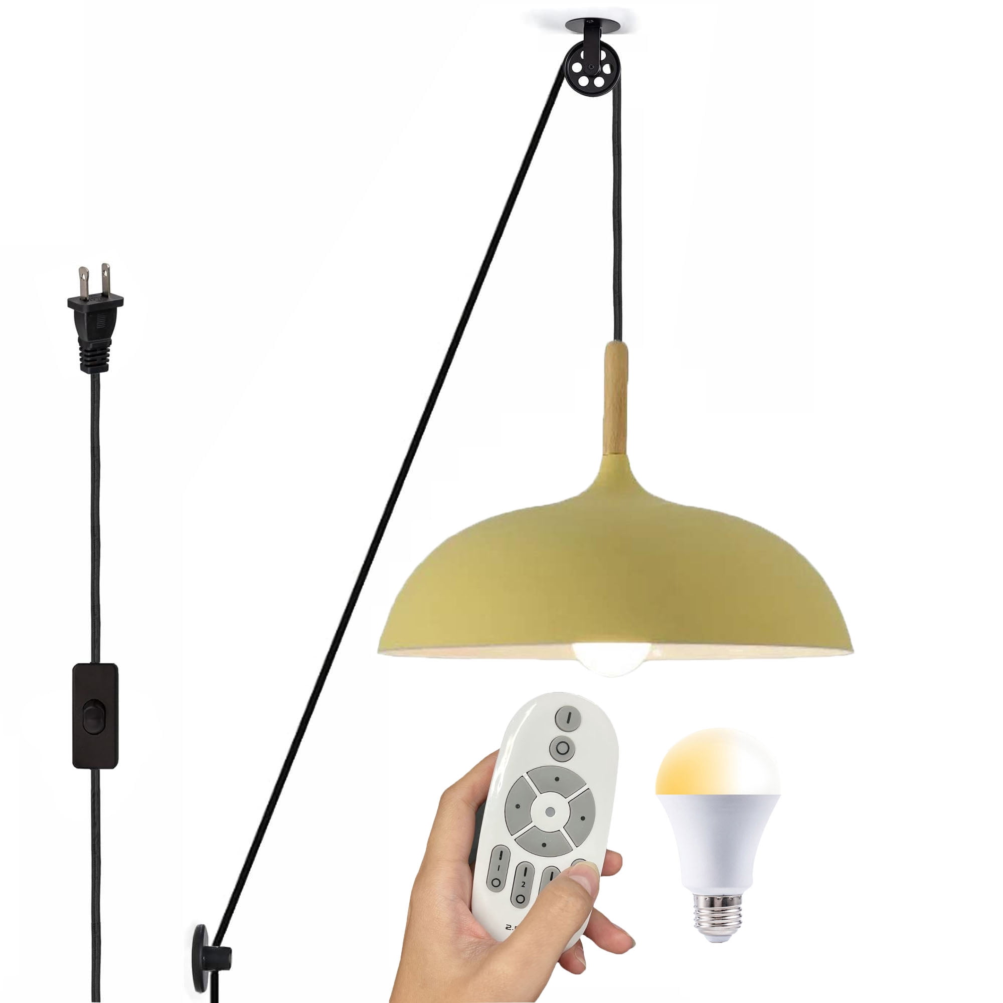 FSLiving Remote Control Wooden Handle Pendant Light with 15ft Plug-in ...