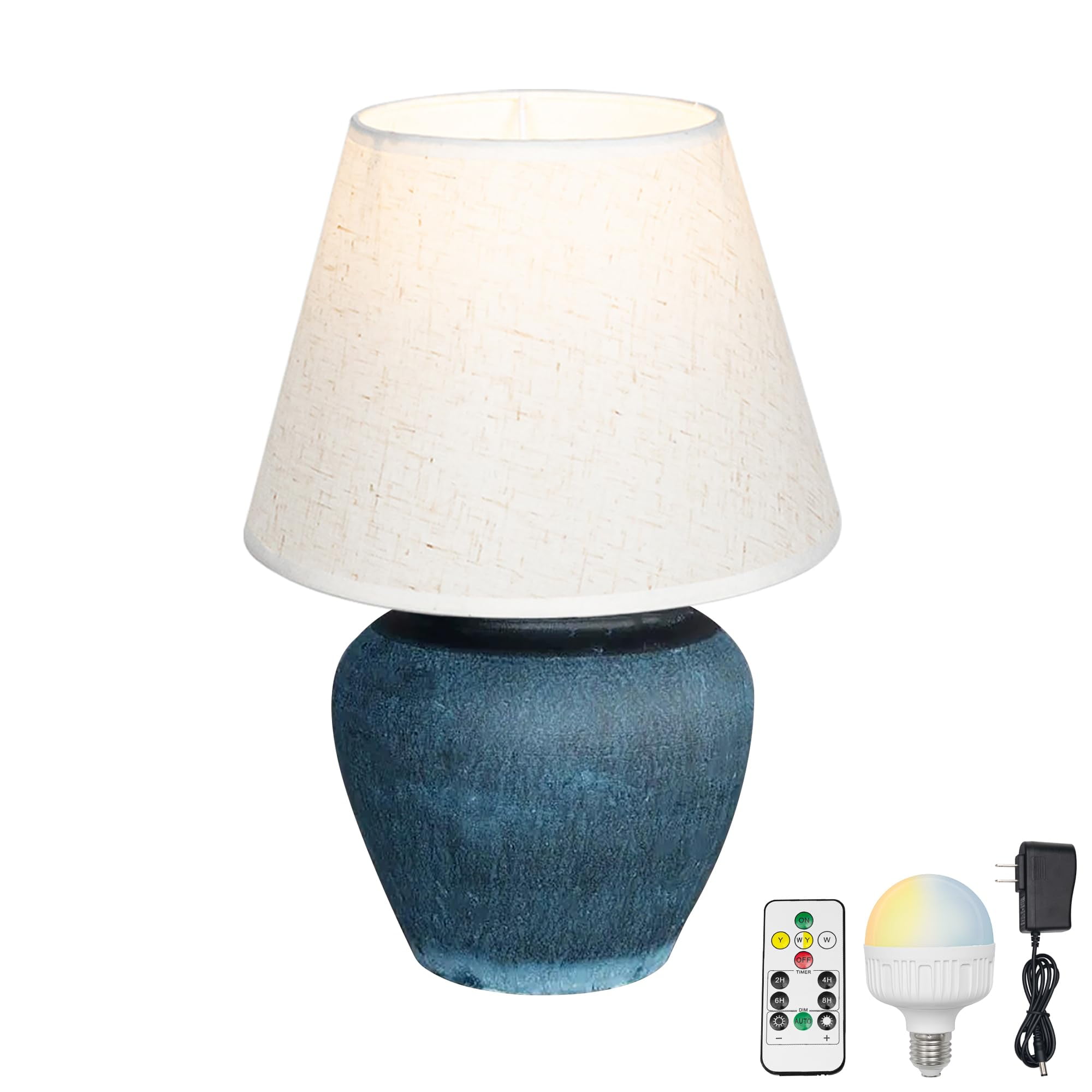 FSLiving Rustic Terracotta Ceramic Pot Table Lamp Rechargeable Battery ...