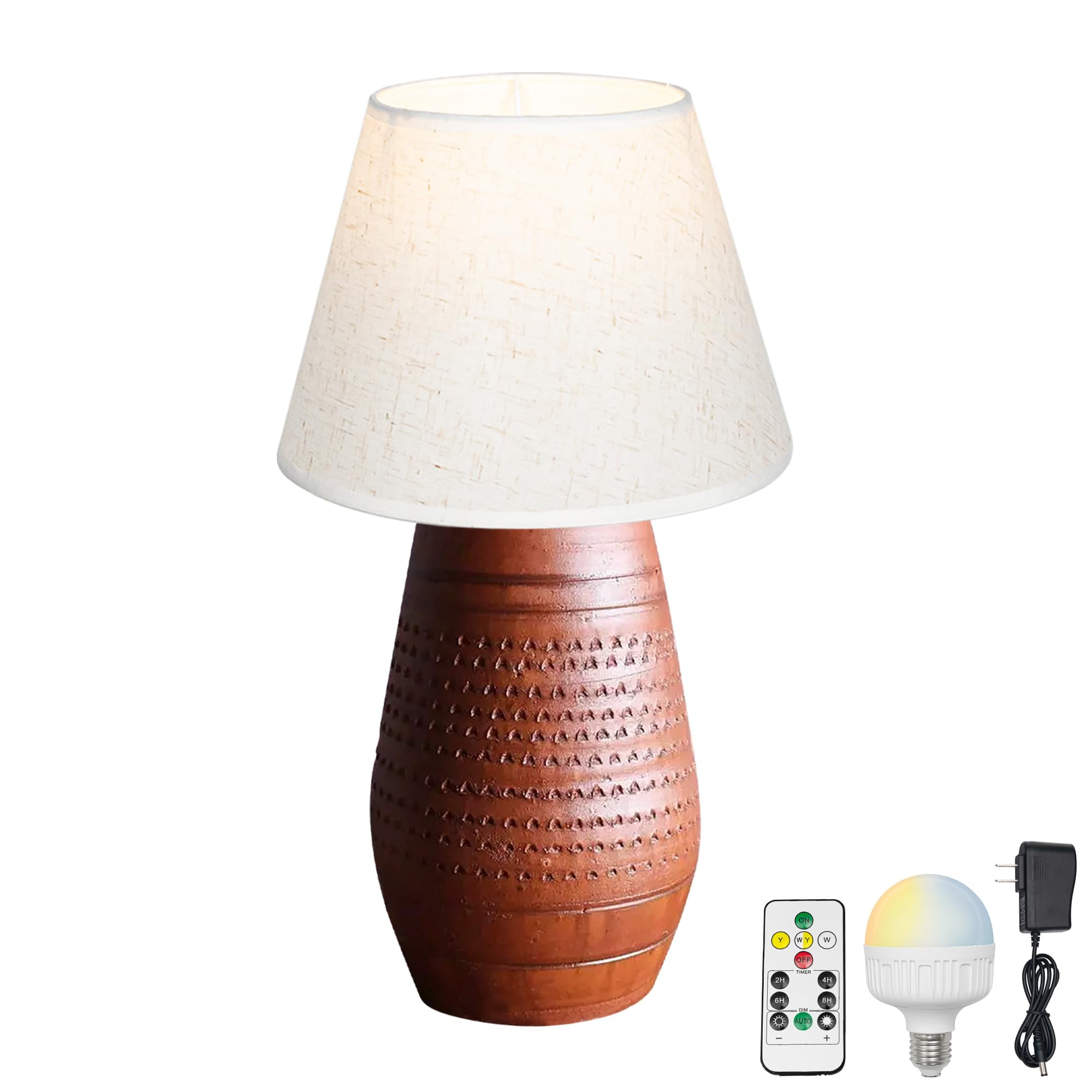 FSLiving Rustic Terracotta Ceramic Pot Table Lamp Rechargeable Battery ...