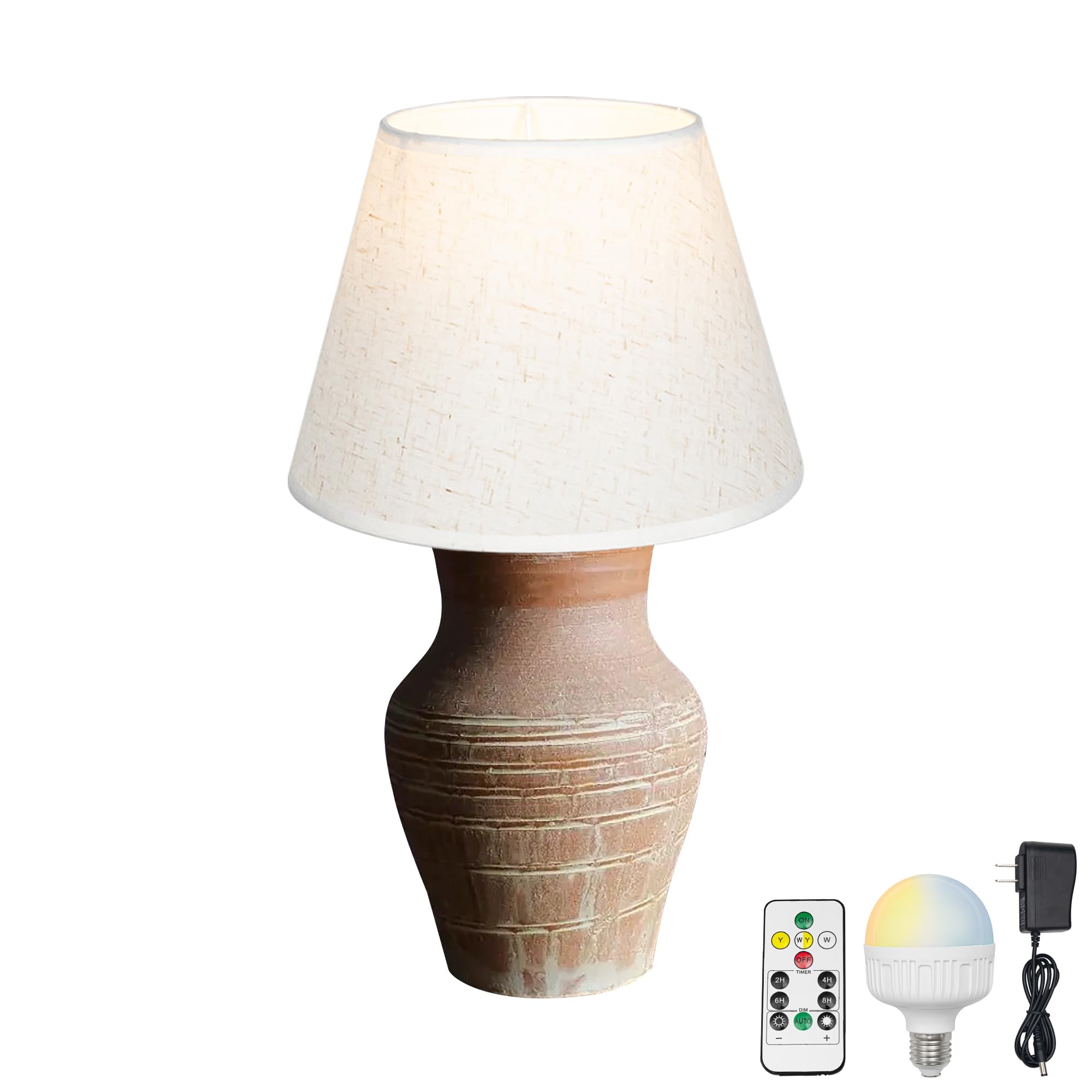 FSLiving Rustic Terracotta Ceramic Pot Table Lamp Rechargeable Battery ...