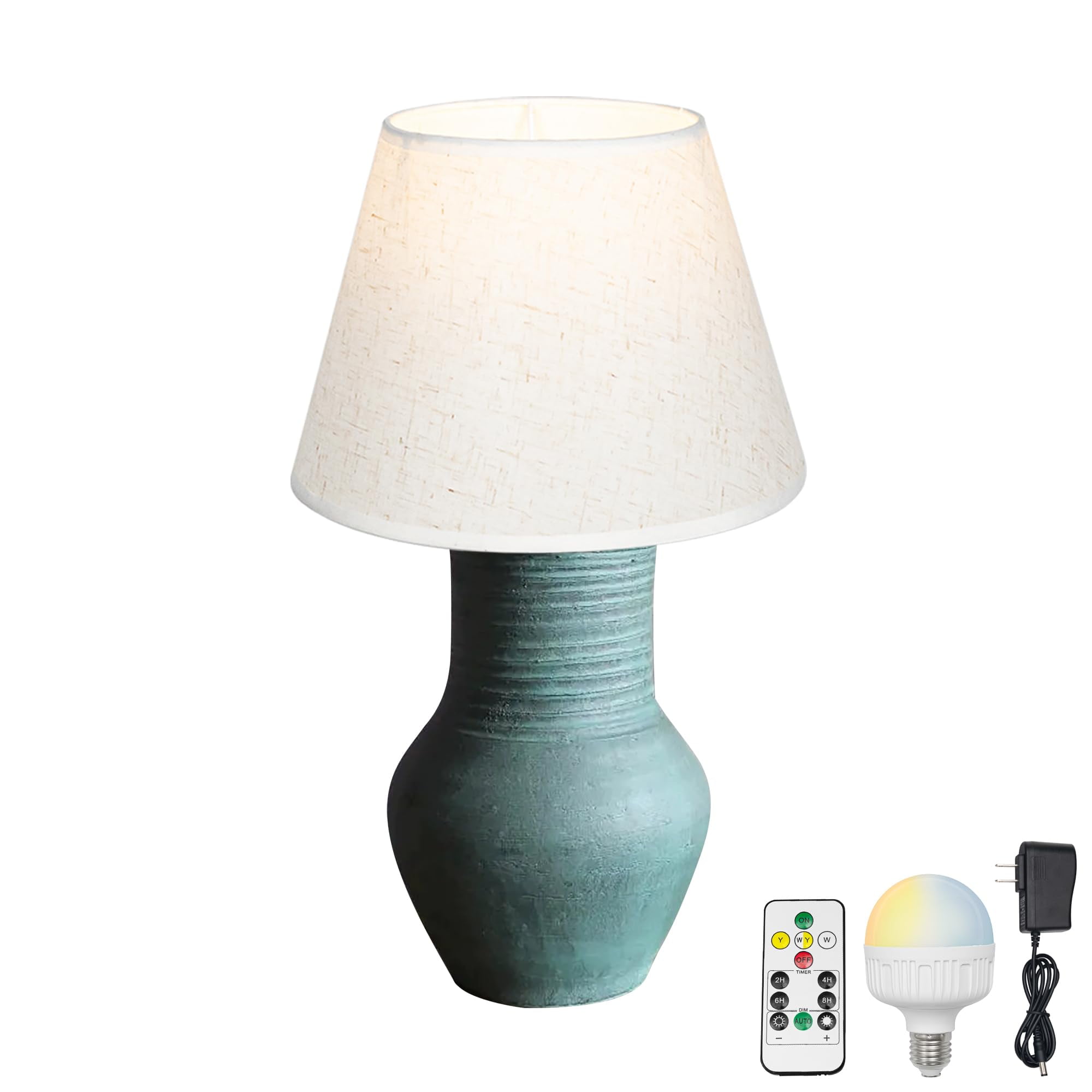 FSLiving Rustic Terracotta Ceramic Pot Table Lamp Rechargeable Battery ...