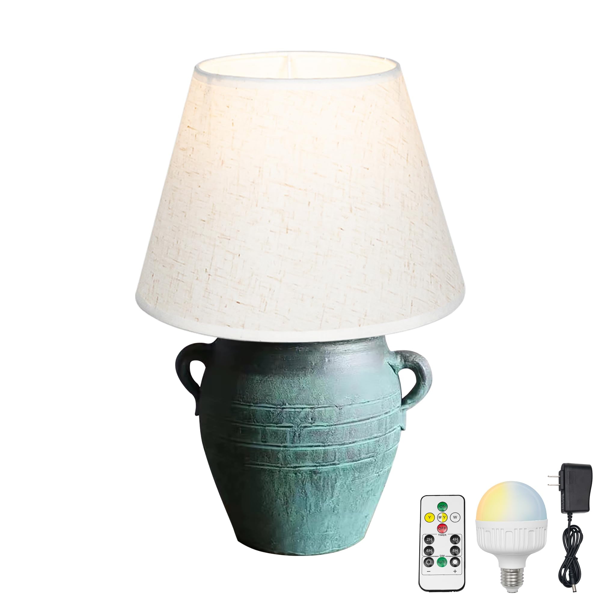 FSLiving Rustic Terracotta Ceramic Pot Table Lamp Rechargeable Battery ...