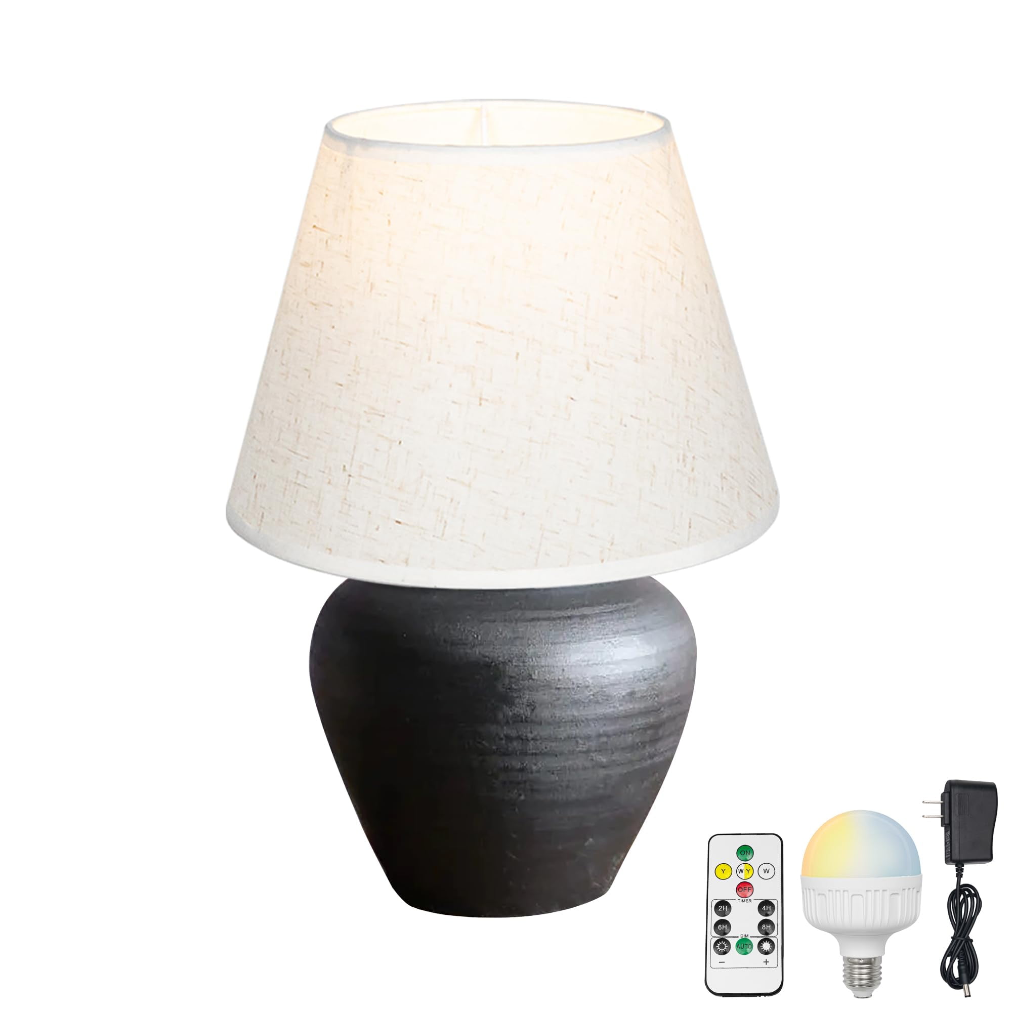 FSLiving Rustic Terracotta Ceramic Pot Table Lamp Rechargeable Battery ...