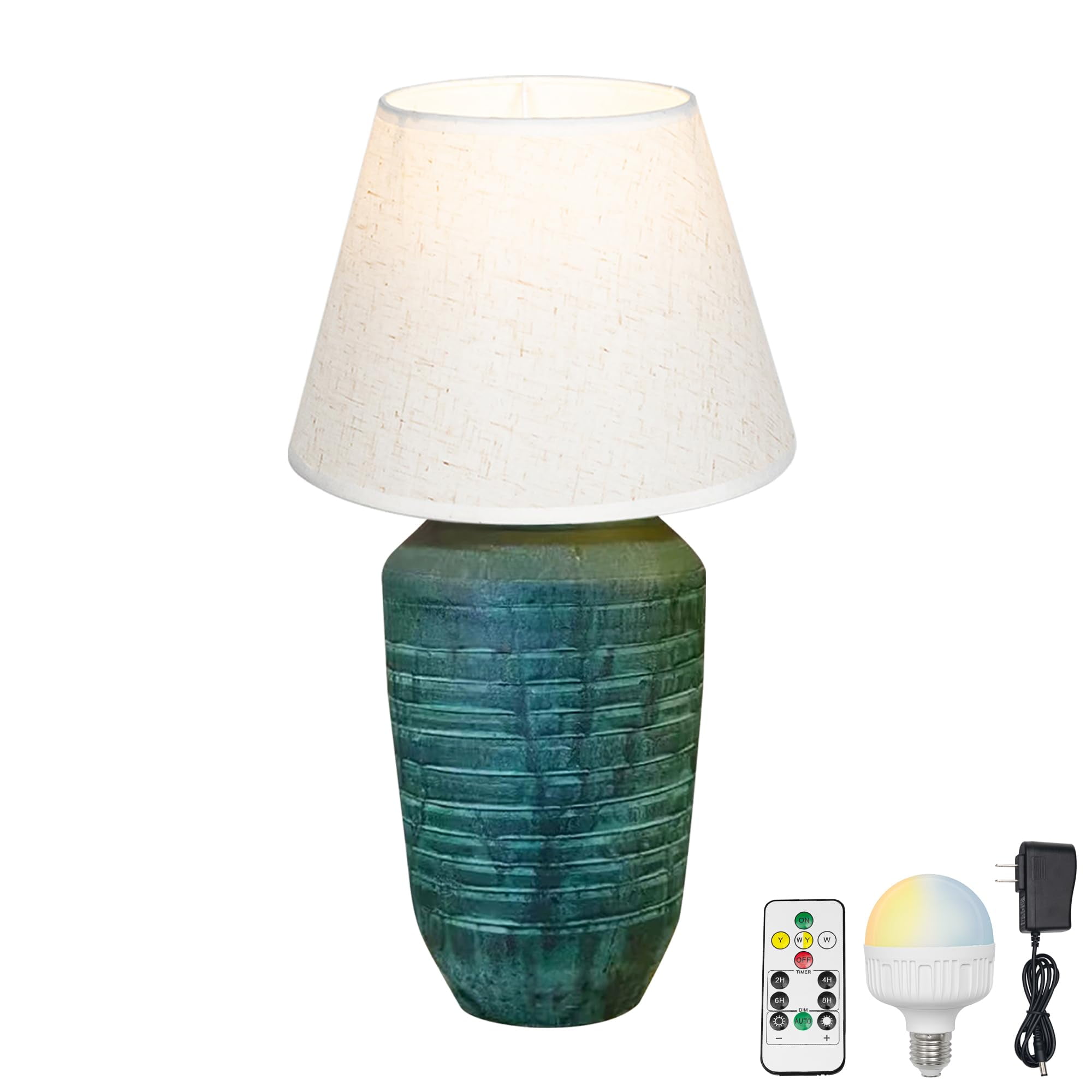 FSLiving Rustic Terracotta Ceramic Pot Table Lamp Rechargeable Battery ...