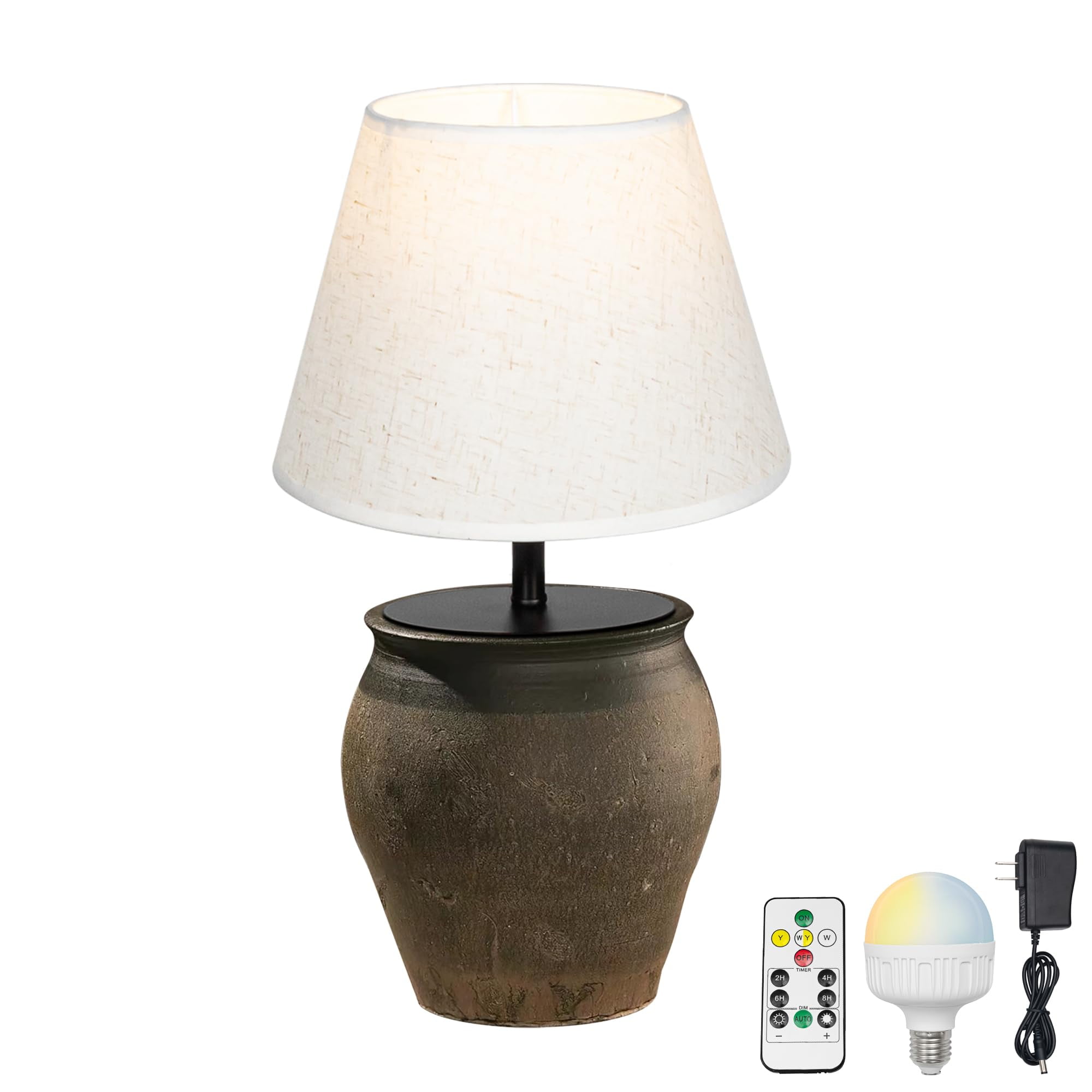 FSLiving Rustic Terracotta Ceramic Pot Table Lamp Rechargeable Battery ...