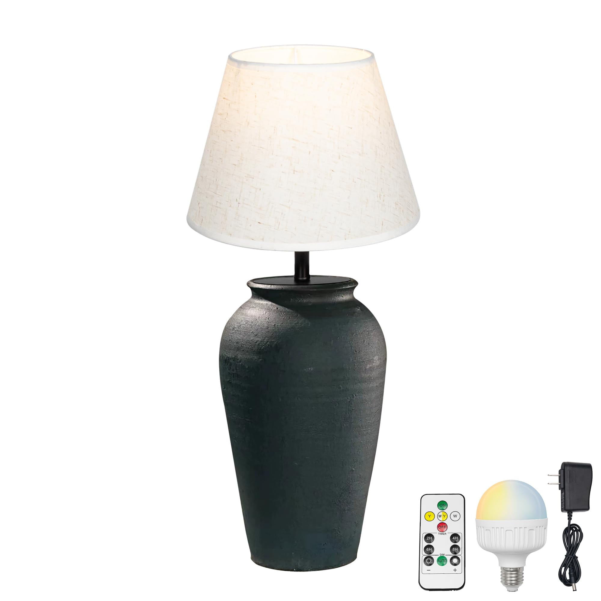 FSLiving Rustic Terracotta Ceramic Pot Table Lamp Rechargeable Battery ...