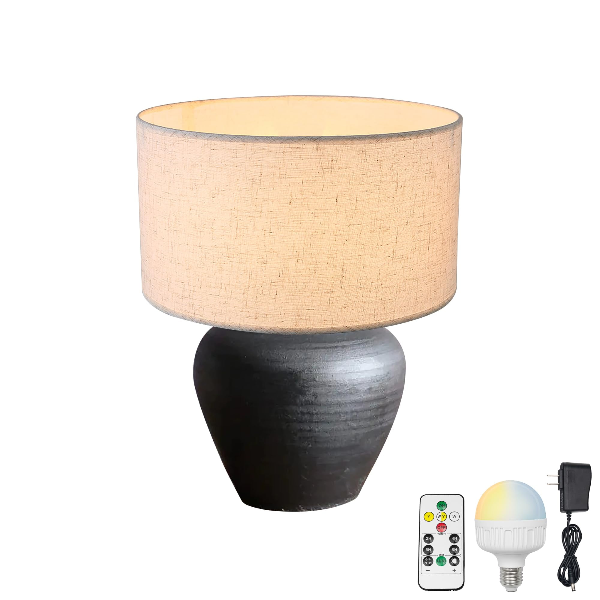 FSLiving Rustic Terracotta Ceramic Pot Table Lamp Rechargeable Battery ...