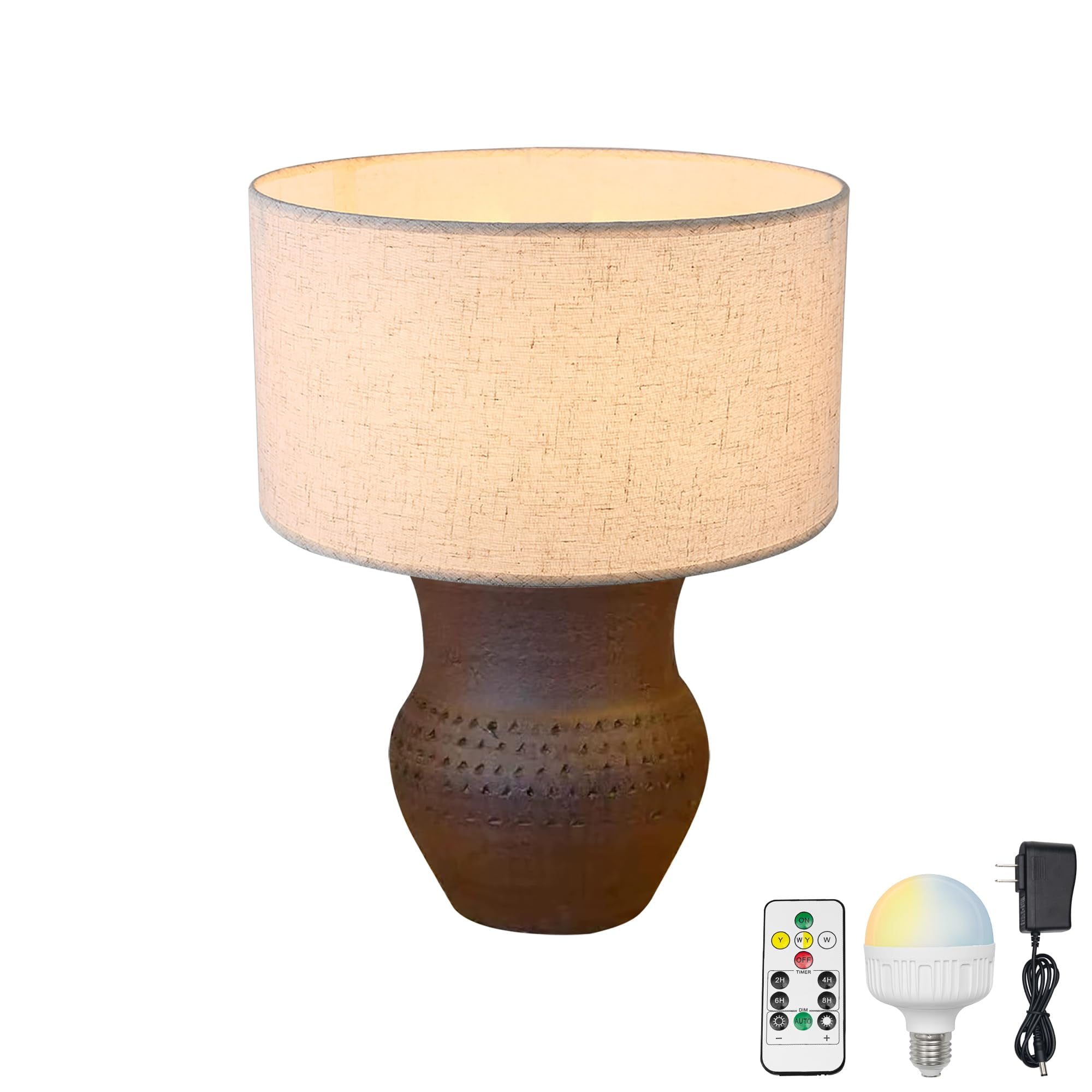 FSLiving Rustic Terracotta Ceramic Pot Table Lamp Rechargeable Battery ...