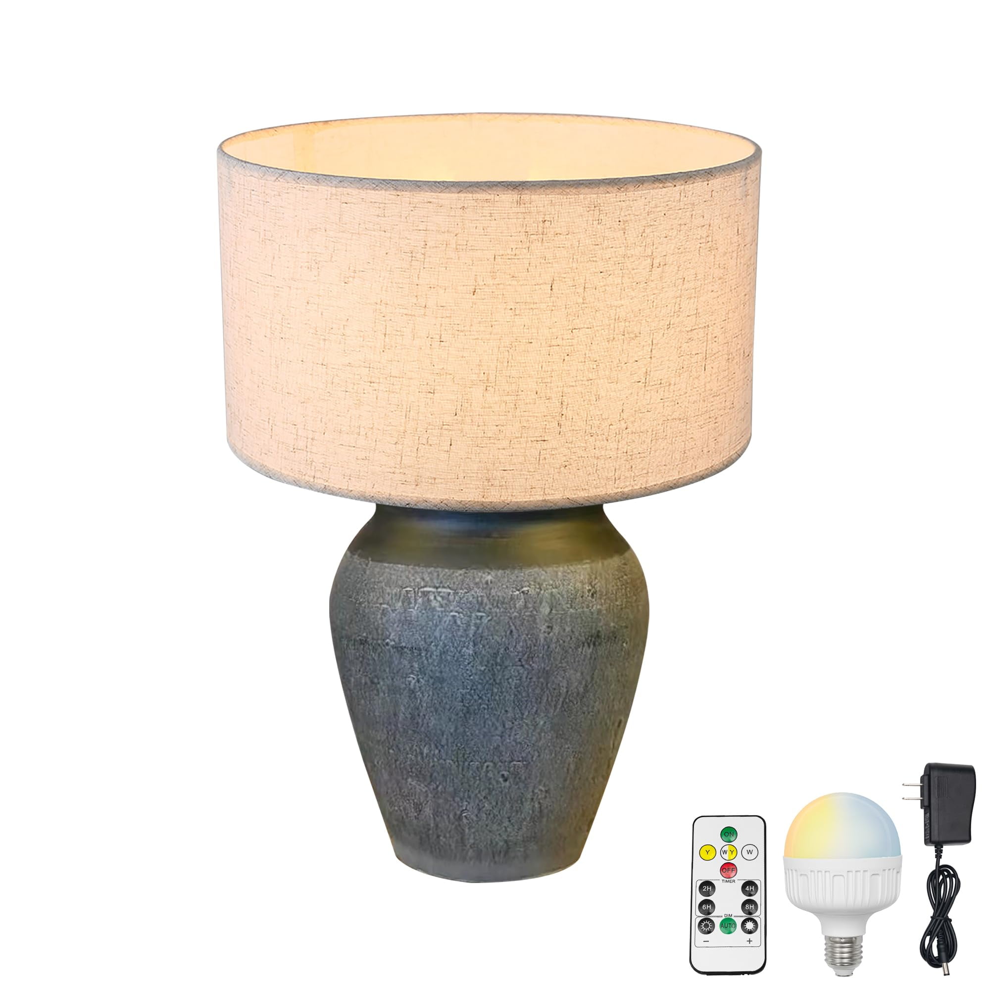 FSLiving Rustic Terracotta Ceramic Pot Table Lamp Rechargeable Battery ...