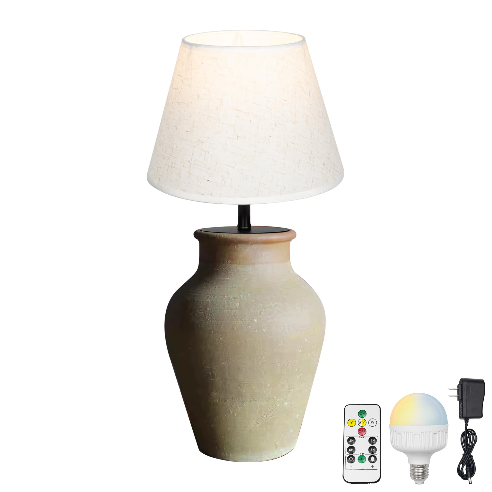 FSLiving Rustic Terracotta Ceramic Pot Table Lamp Rechargeable Battery ...