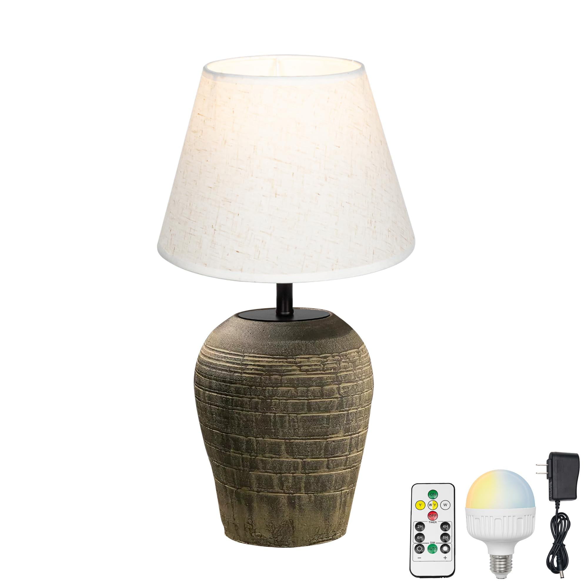 FSLiving Rustic Terracotta Ceramic Pot Table Lamp Rechargeable Battery ...
