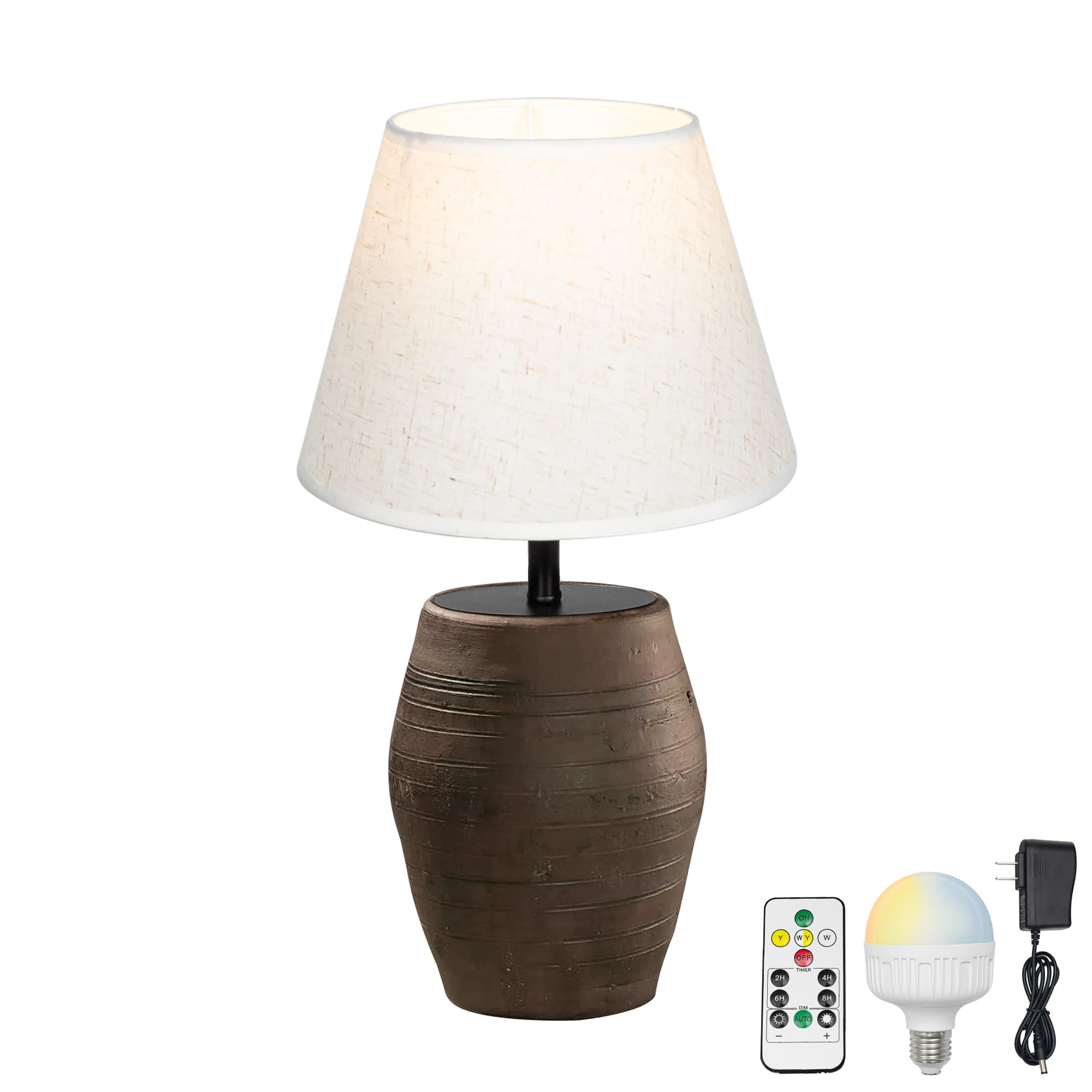 FSLiving Rustic Terracotta Ceramic Pot Table Lamp Rechargeable Battery ...