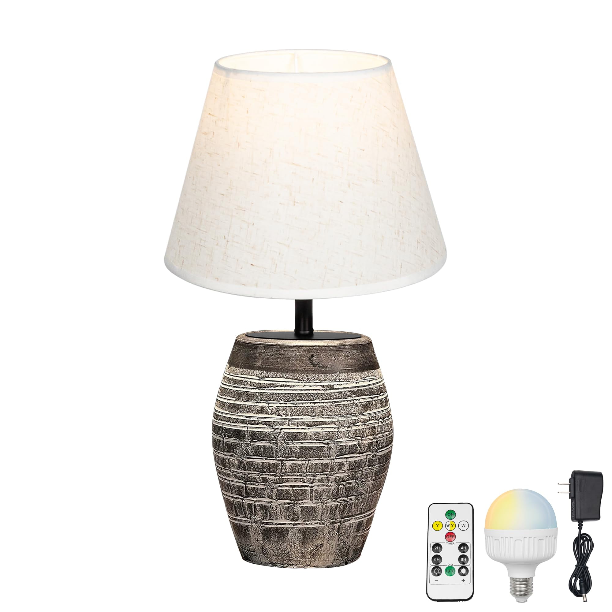 FSLiving Rustic Terracotta Ceramic Pot Table Lamp Rechargeable Battery ...